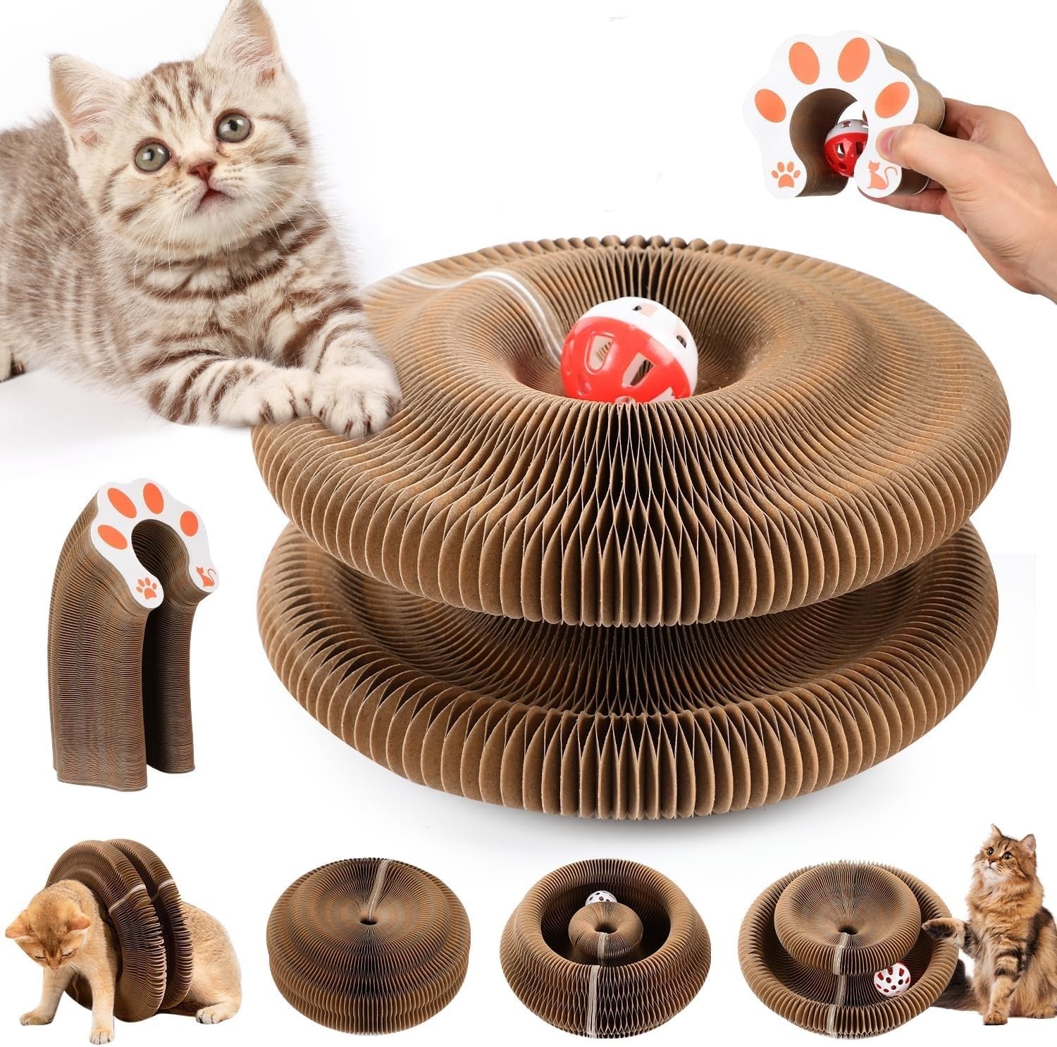 Magic Organ Cat Scratcher Board, Foldable Accordion Cat Toy with Ball ...