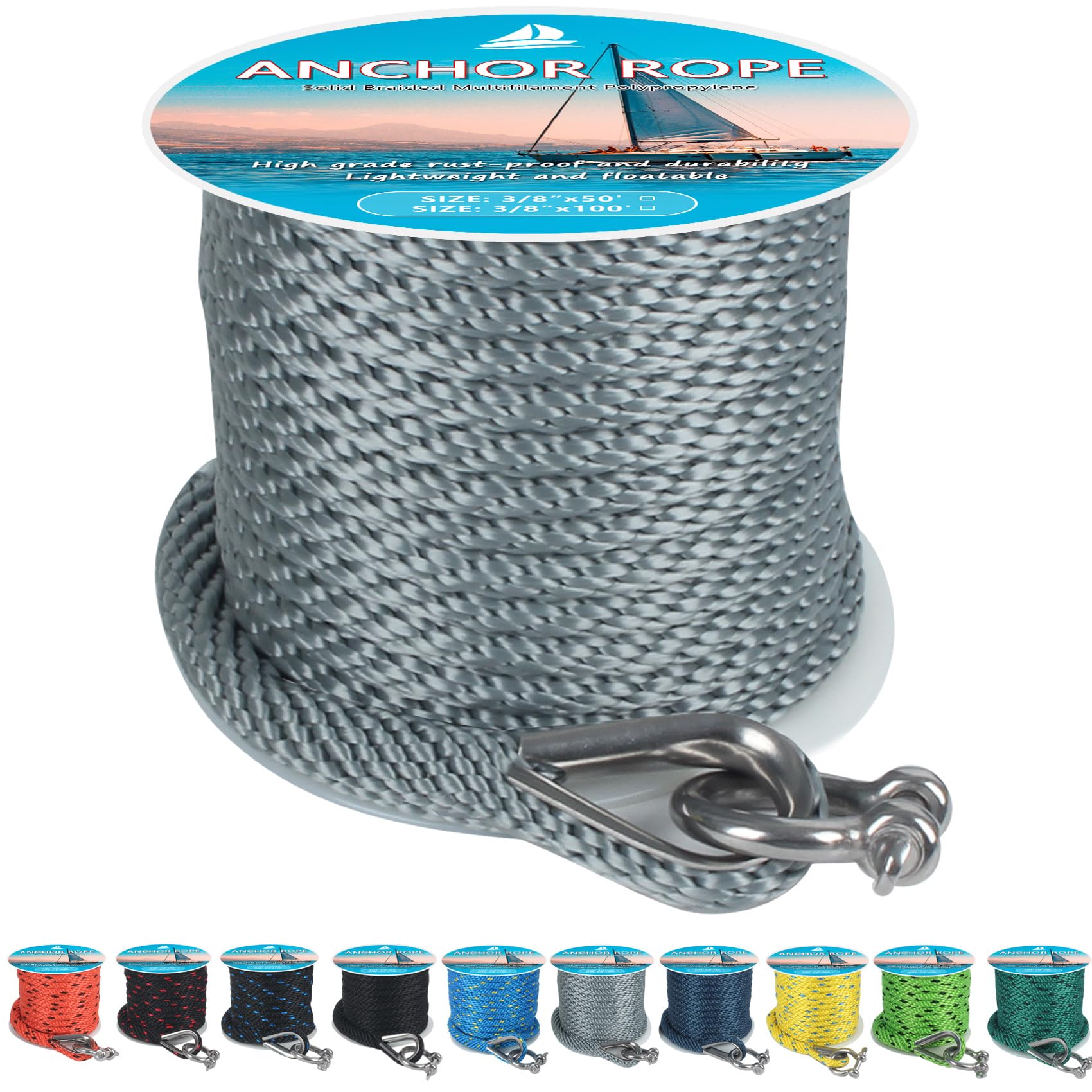 Amazon.com: Anchor Rope 50 ft x 3/8 inch, Premium Solid Braid MFP ...