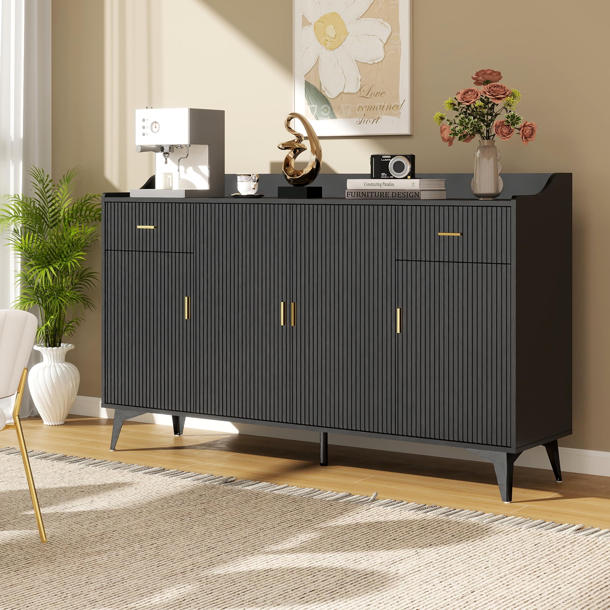 Amazon.com: howcool Fluted Buffet Cabinet with Storage, 63" Black ...