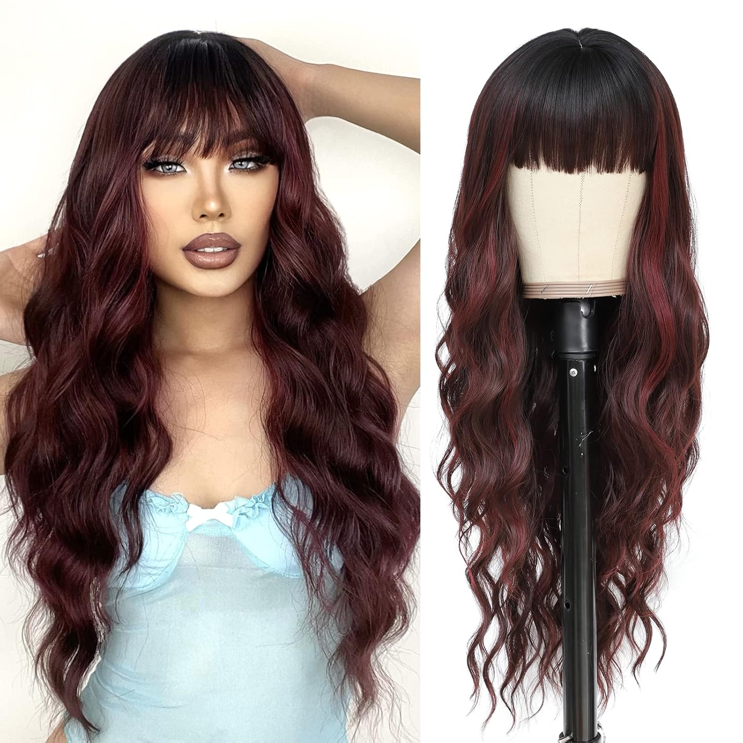 Amazon.com : NAYOO Long Burgundy Wigs Wine Red Wigs with Bangs for Women Curly Wavy Hair Wigs ...