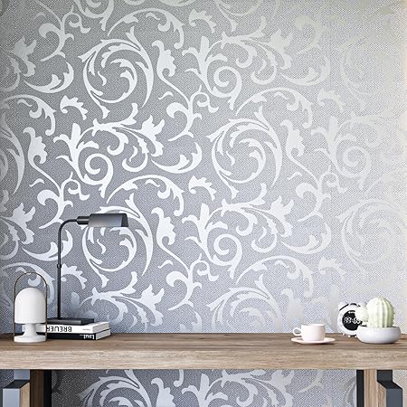 AMINAH DECO Greek Key Pattern Wallpaper Textured White Metallic Gold ...