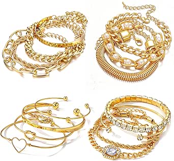 Amazon.com: 15 Pcs 14K Plated Gold Bracelets Set for Women Girls ...