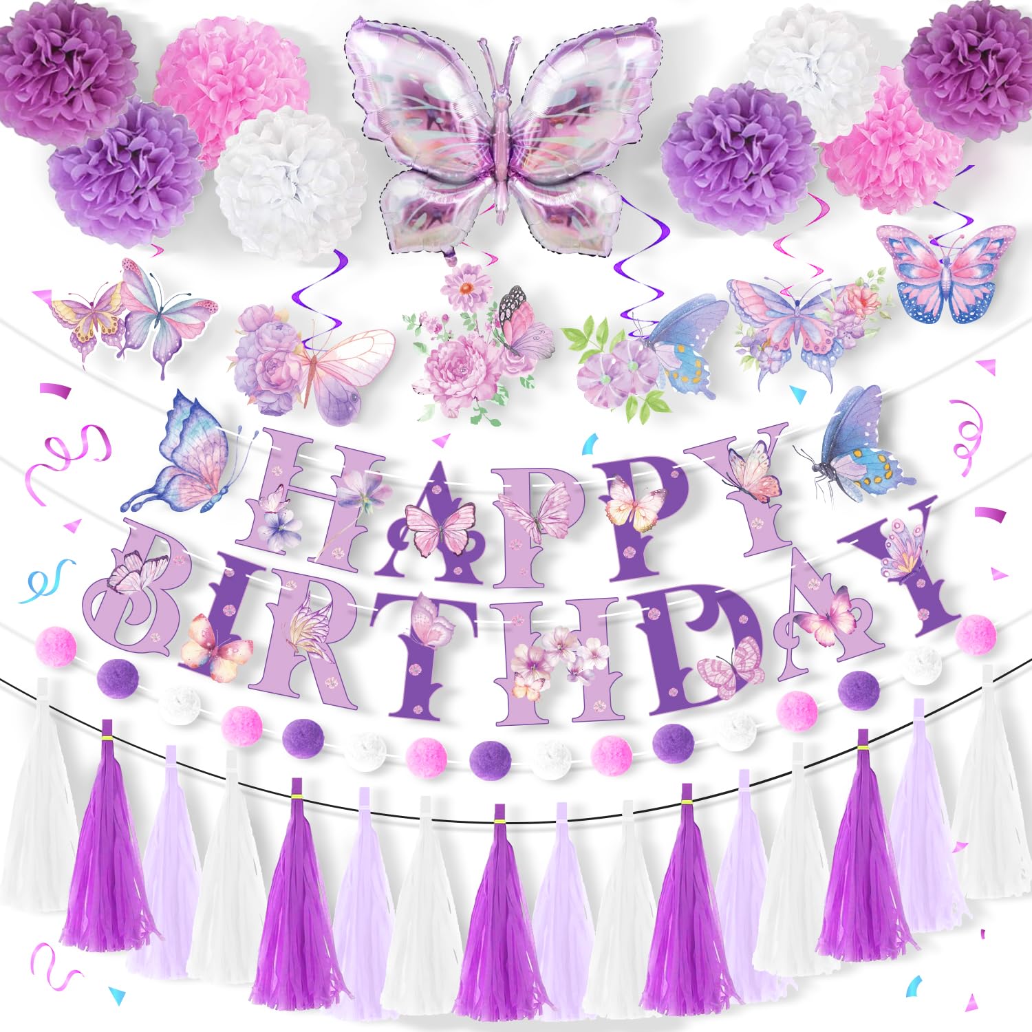 Amazon.com: KMCCUMBER Butterfly Birthday Decorations, Happy Birthday ...
