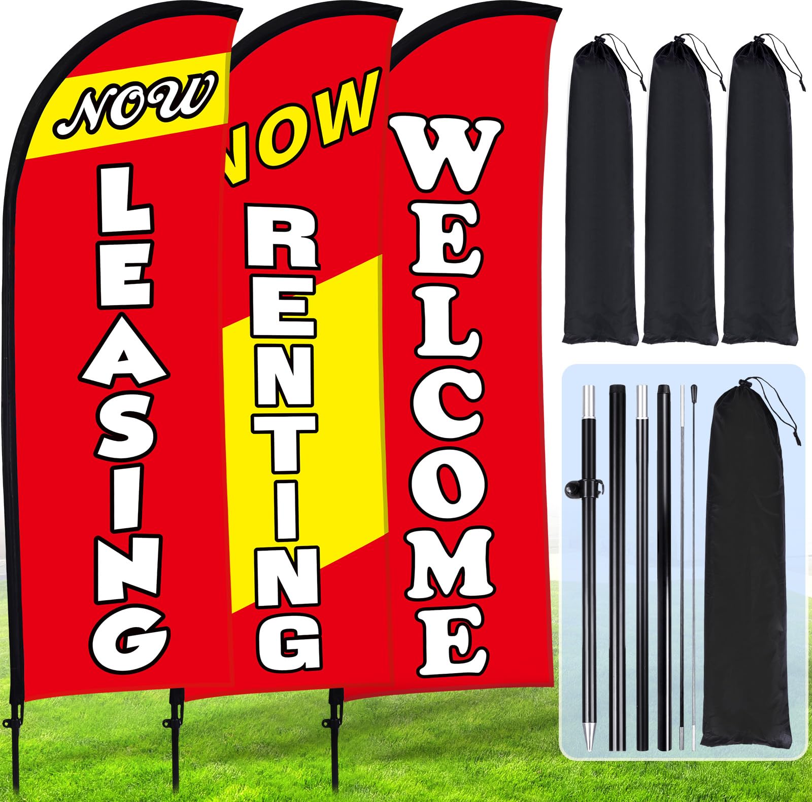 Amazon.com : Buryeah 3 Set Feather Flag Kit Now Leasing Now Renting ...