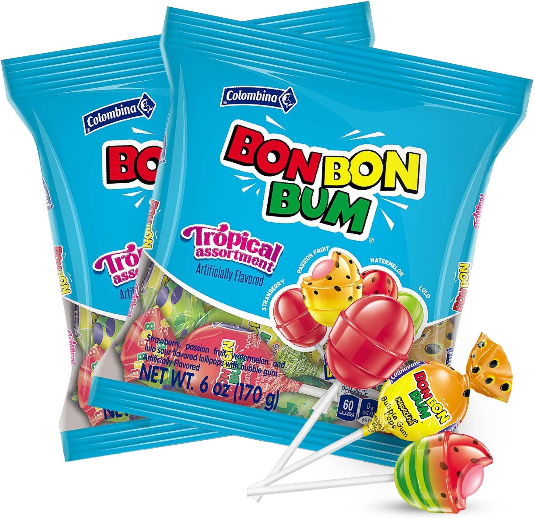 Amazon.com : Colombina Bon Bon Bum Lollipops w/Bubble Gum Center ...