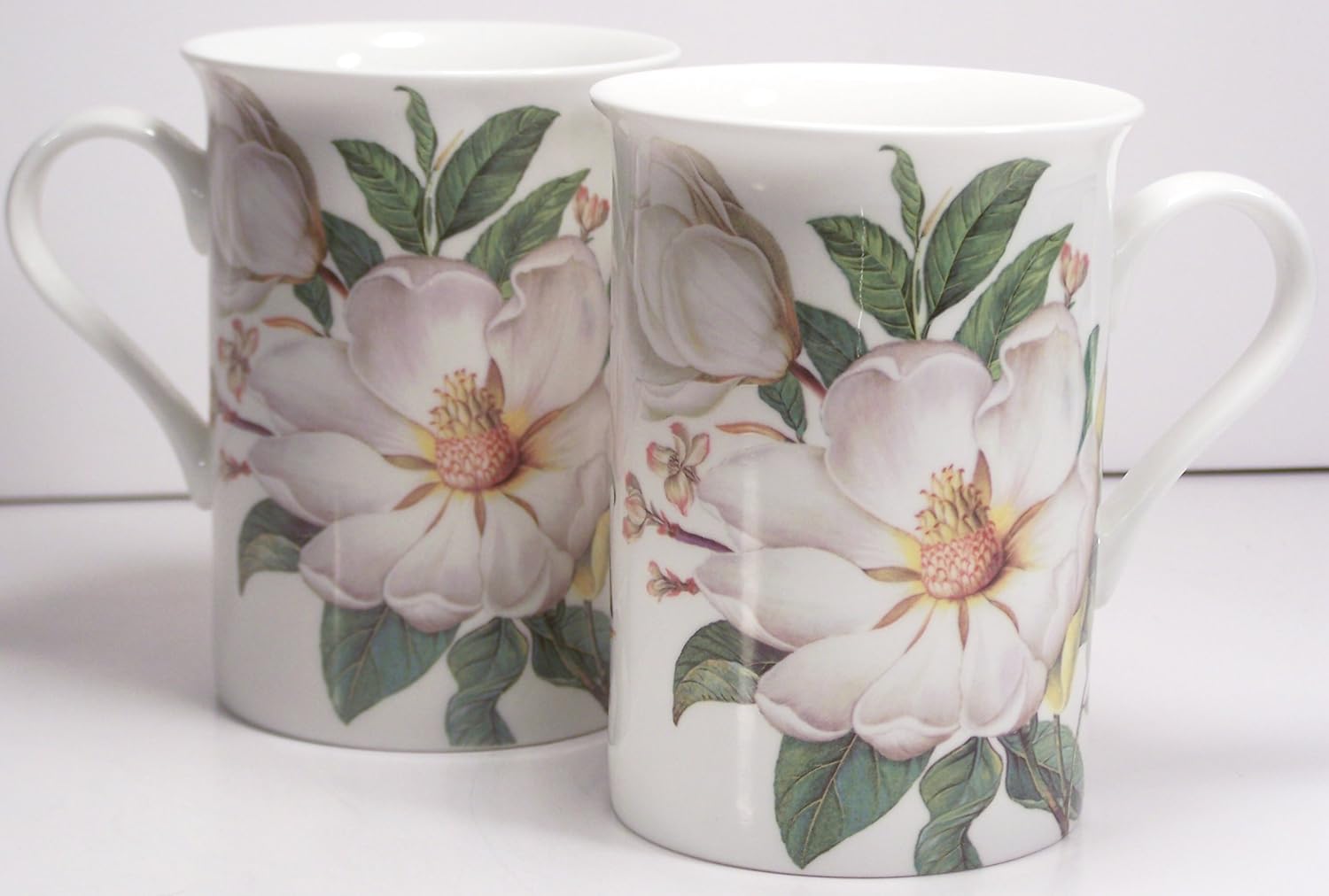 Amazon.com: Pair Fine English Bone China Coffee Mugs Magnolia Chintz ...