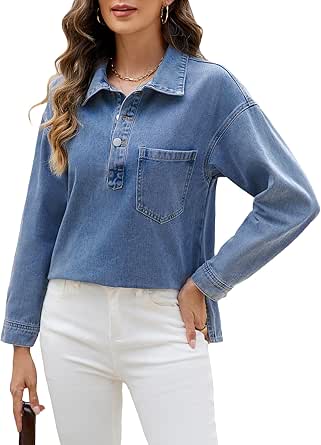 Amazon.com: EZAPINE Denim Tops for Women Long Sleeve Denim Shirt ...