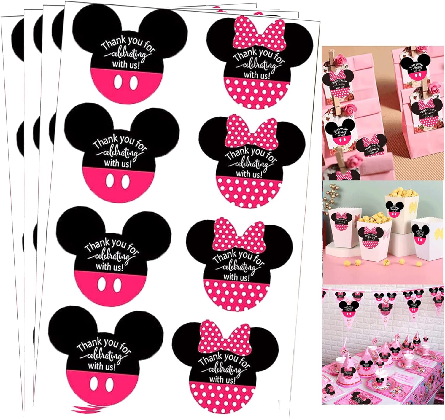 Mickey/Minnie Mouse Stickers Thank You Labels 2.38 x 2 Inch - Red/Pink ...