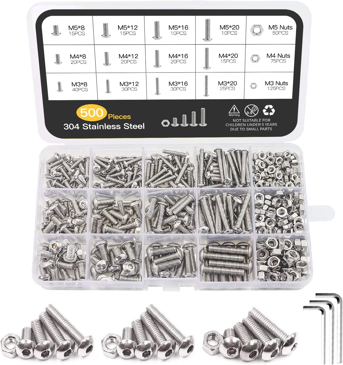 Glarks 510 Pieces Flat Hex Stainless Steel Screws Bolts Nuts Lock and ...