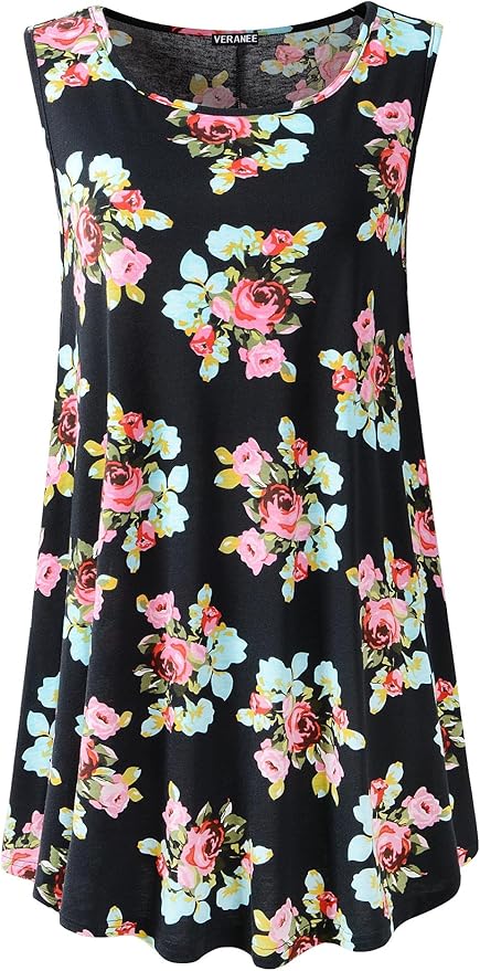 Veranee Women's Sleeveless Swing Tunic Summer Floral Flare Tank Top at ...