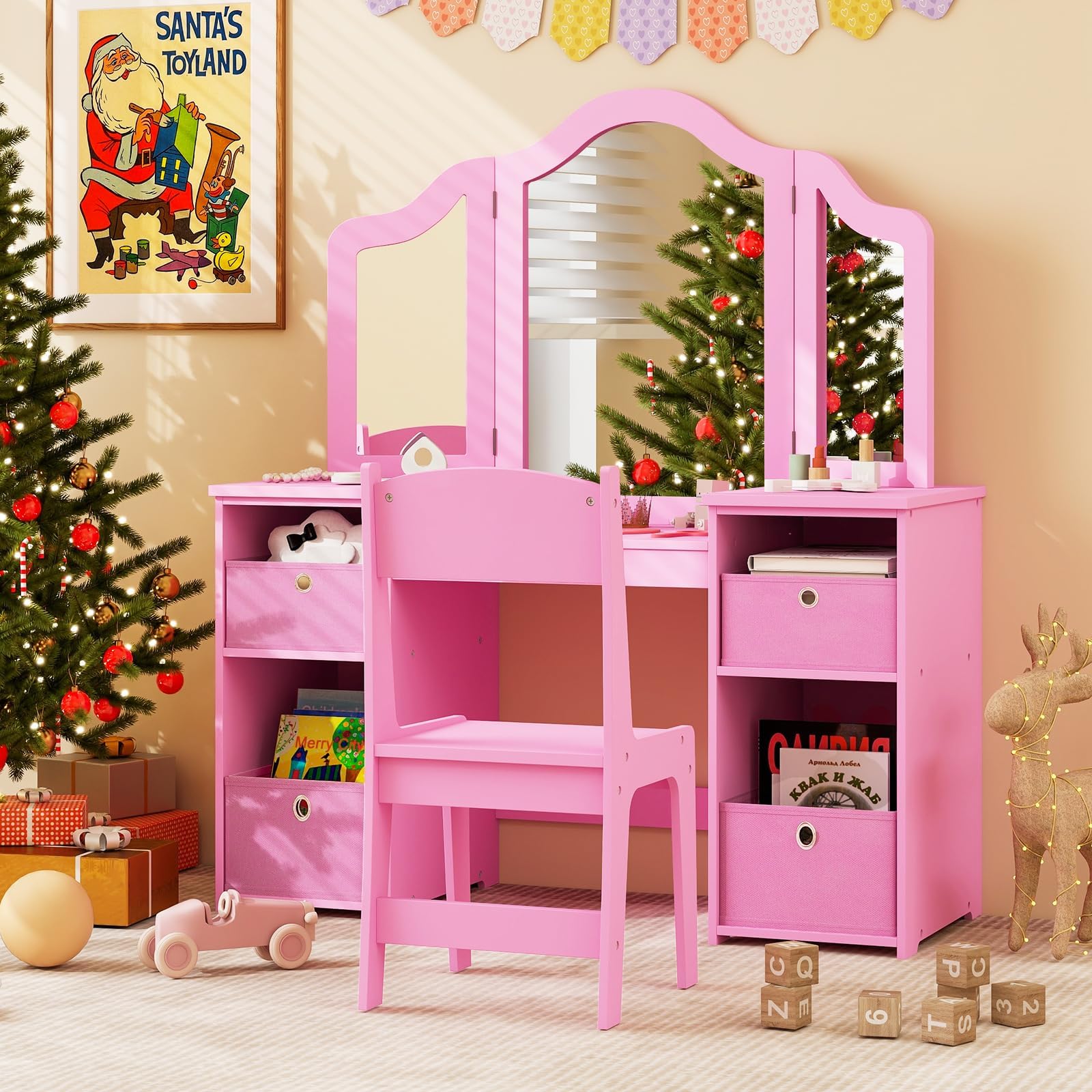 Amazon.com: Costzon Kids Vanity, 2 in 1 Princess Makeup Desk & Chair ...