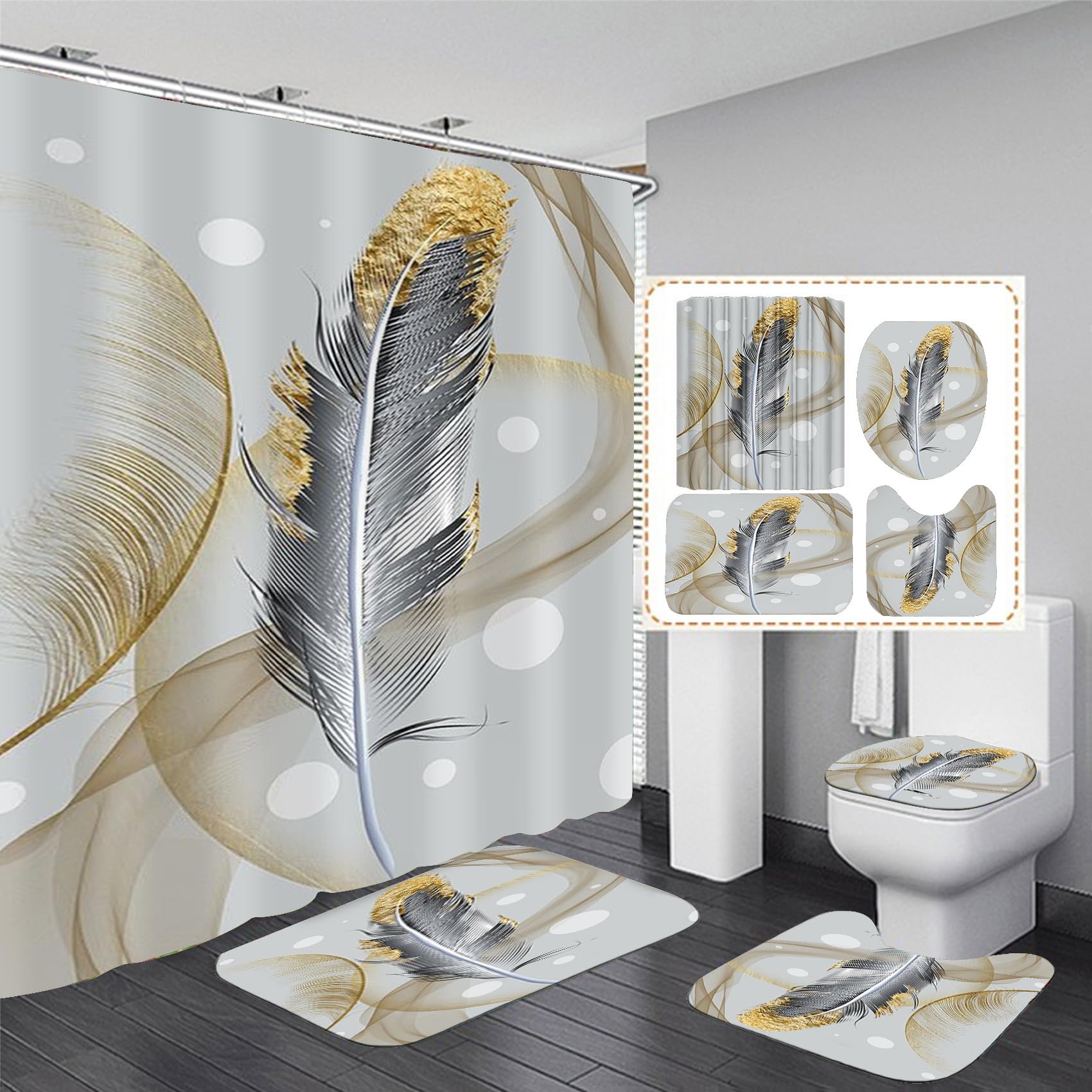 Amazon.com: DDQQ 4Pcs Abstract Bubble and Feathers Shower Curtain Set ...