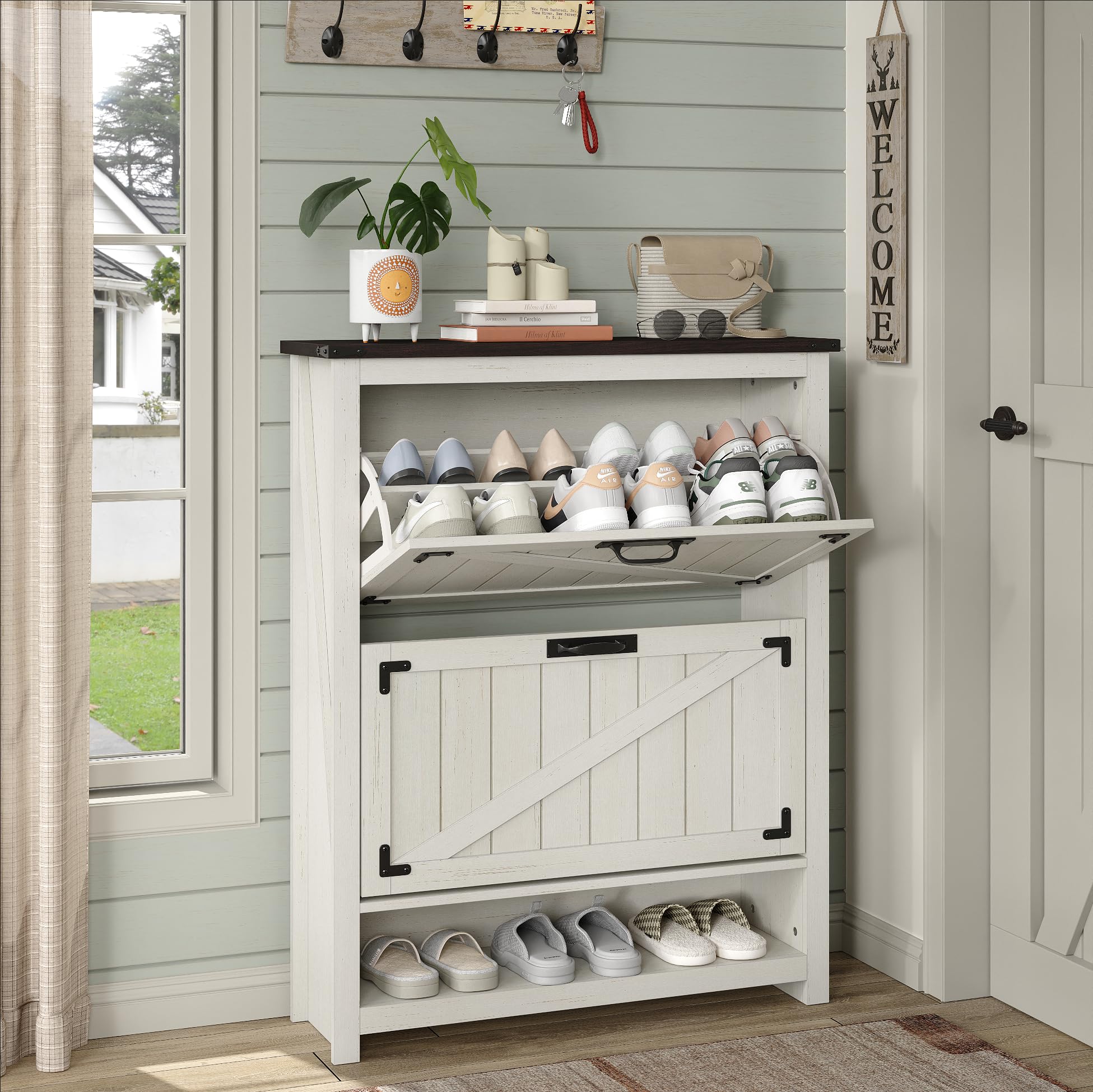 Amazon.com: ESTEGIA Shoe Cabinet with 2 Flip Drawers，Farmhouse Shoe ...