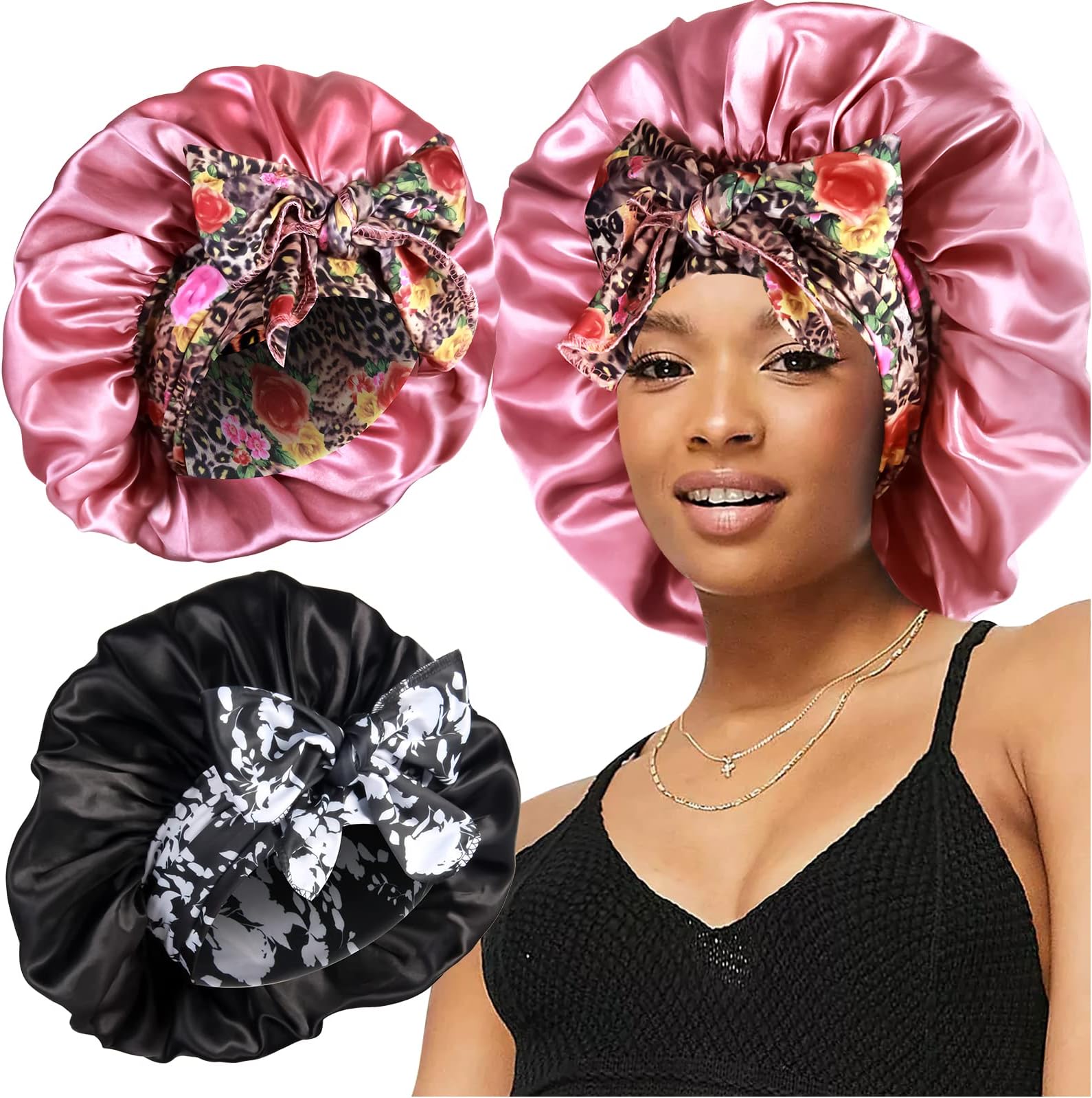 Amazon.com : 2pcs Large Silky bonnets with tie band Braid Bonnet, Satin ...