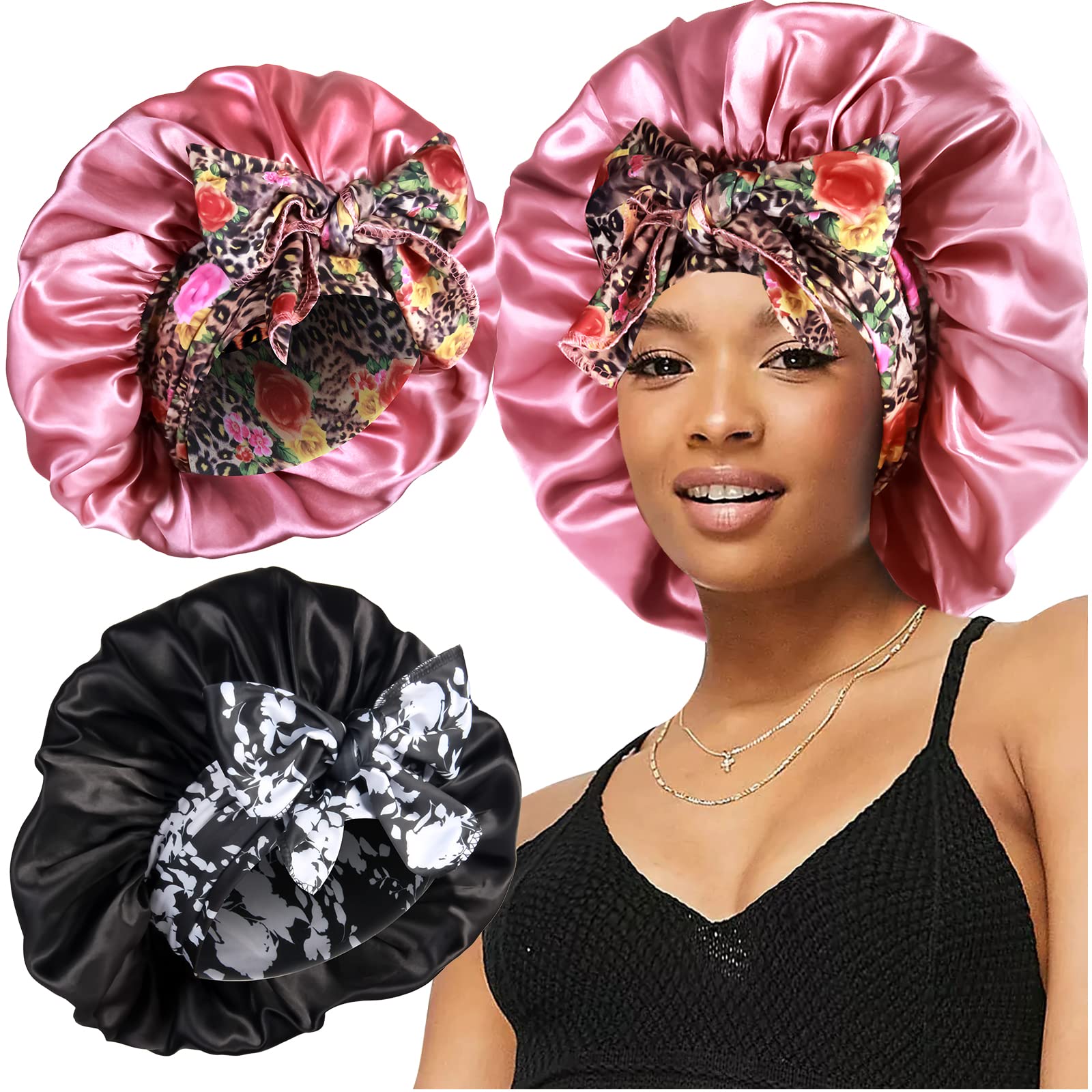 2pcs Large Silky Bonnets with tie Band Braid Bonnet, Satin Bonnet for ...