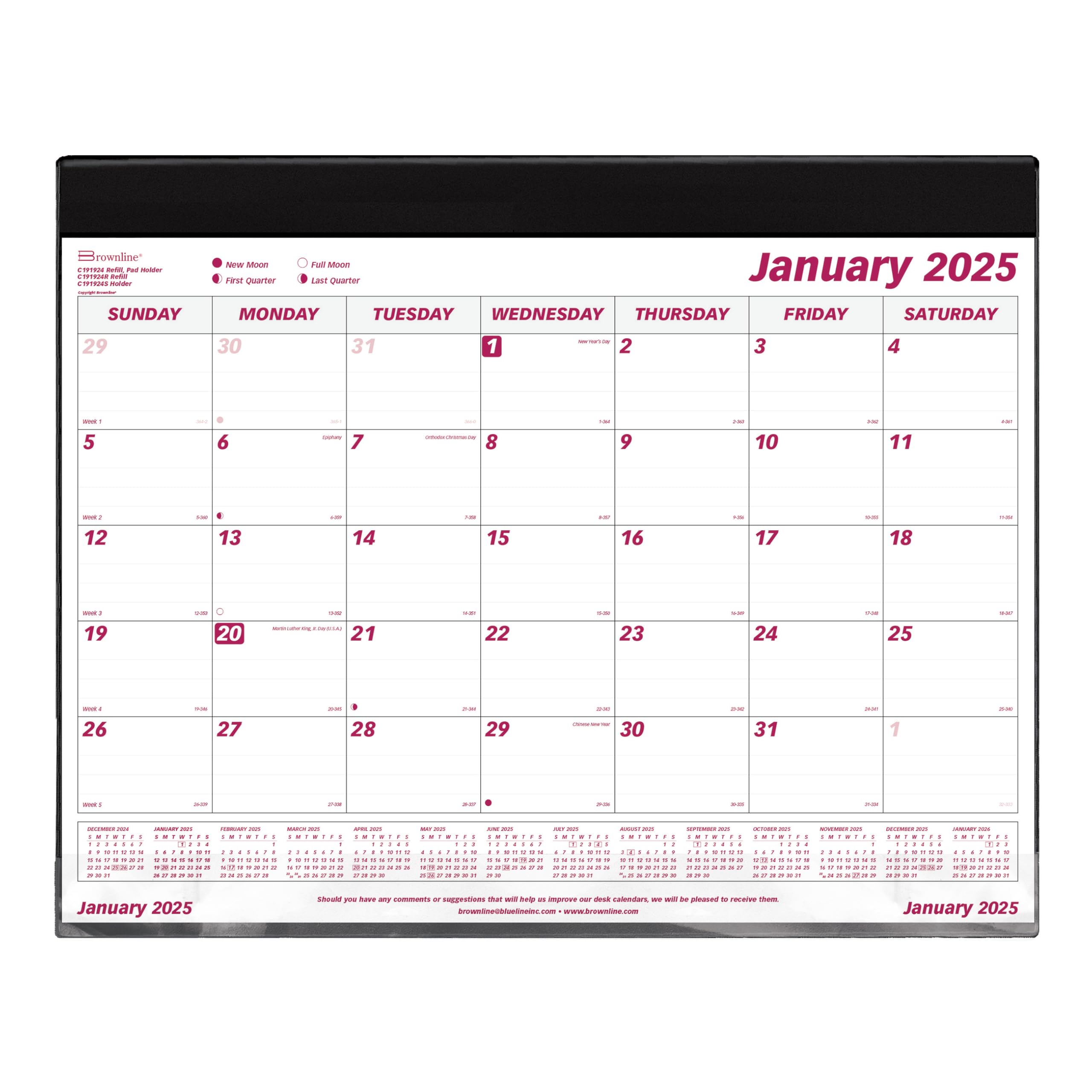Brownline® 2025 Monthly Desk Pad Calendar, Refill and Vinyl Holder, 12 ...