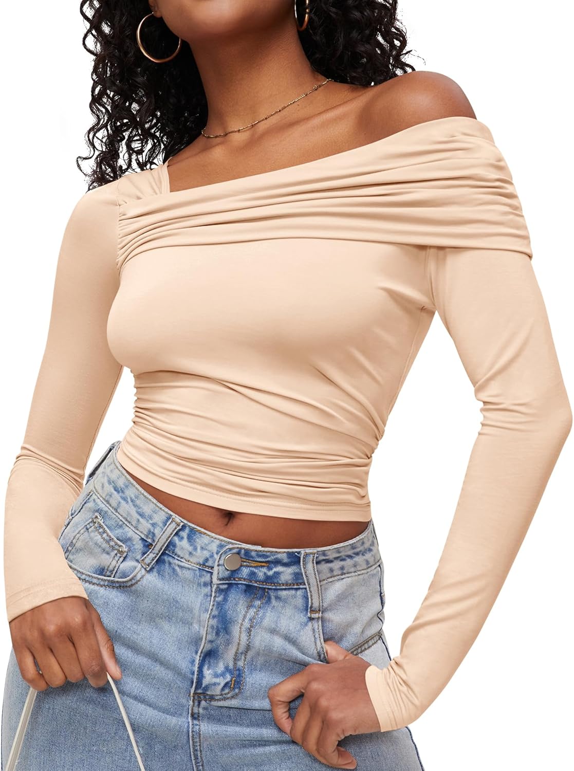 Rapbin Womens One Off Shoulder Long Sleeve Tops Ruched Y2K Slim Fit ...