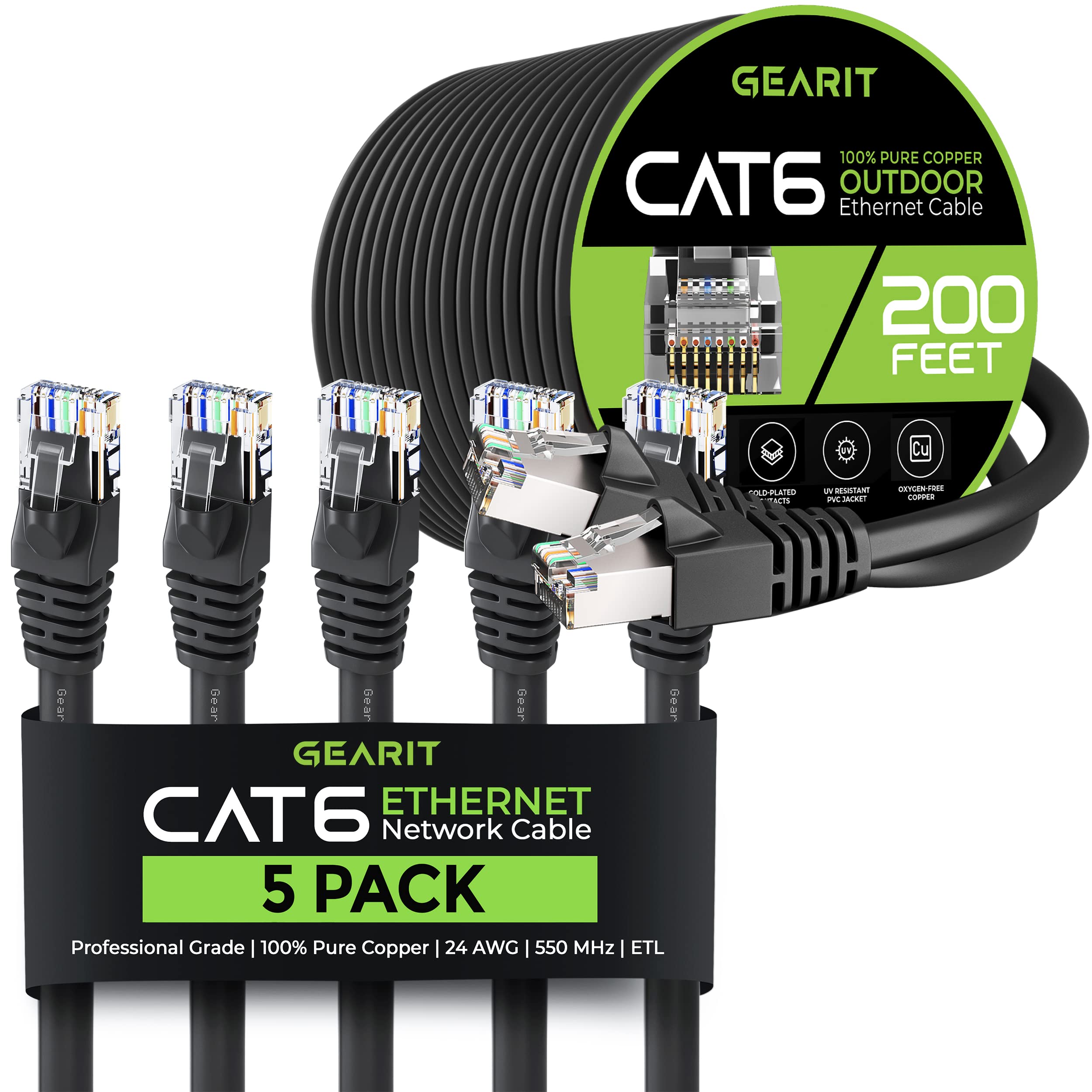 Amazon.com: GearIT 5Pack 100ft Cat6 Ethernet Cable & 200ft Cat6 Cable ...