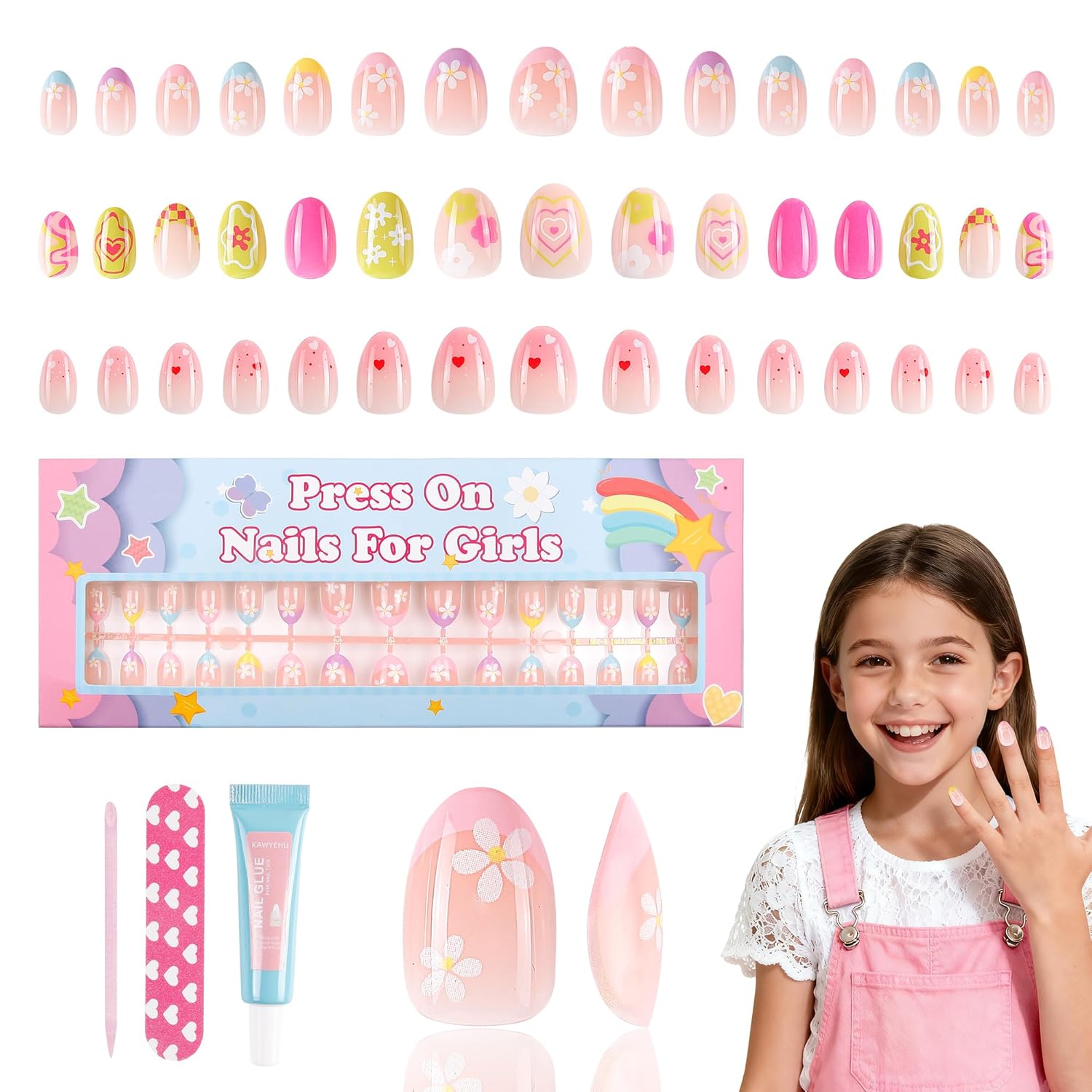 Amazon.com: 90 Pieces Press on Nails for Kids, Kawyehu 3 Pack Nails for ...