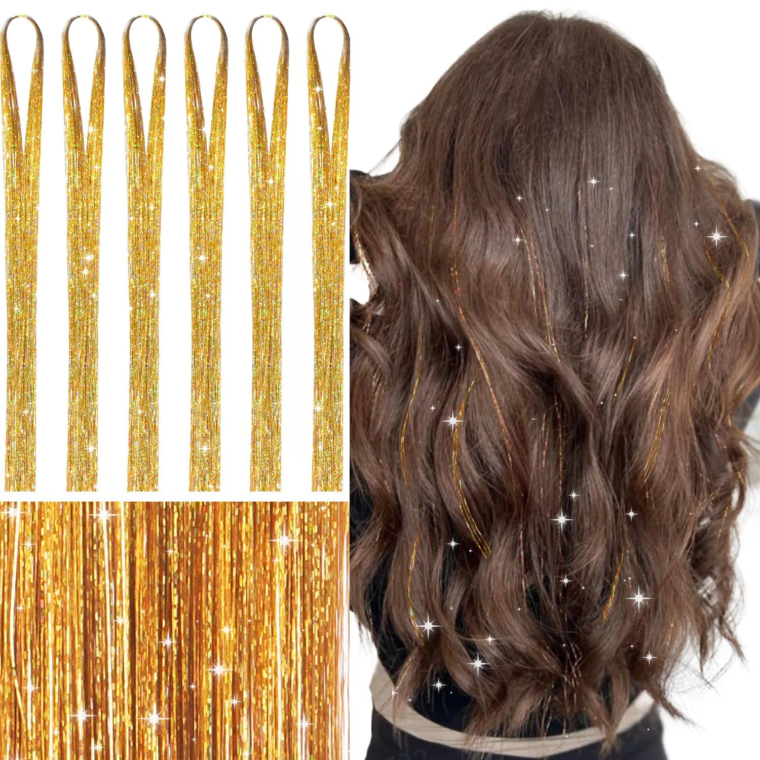 Amazon.com : WENNALIFE Hair Tinsel for Girls, Gold Fairy Kit 1200 Strands 6PCS 48 Inch Heat ...