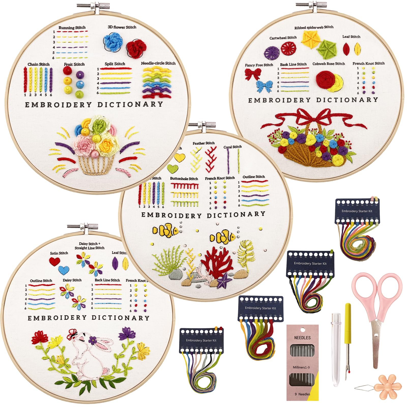 Amazon.com: VIVIDOX 4 Sets Embroidery Kit for Beginners with Stitch ...