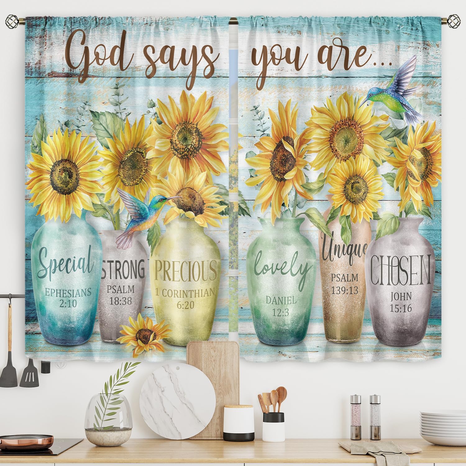 Amazon.com: Riyidecor Farmhouse Sunflower Bible Verse Kitchen Curtains ...