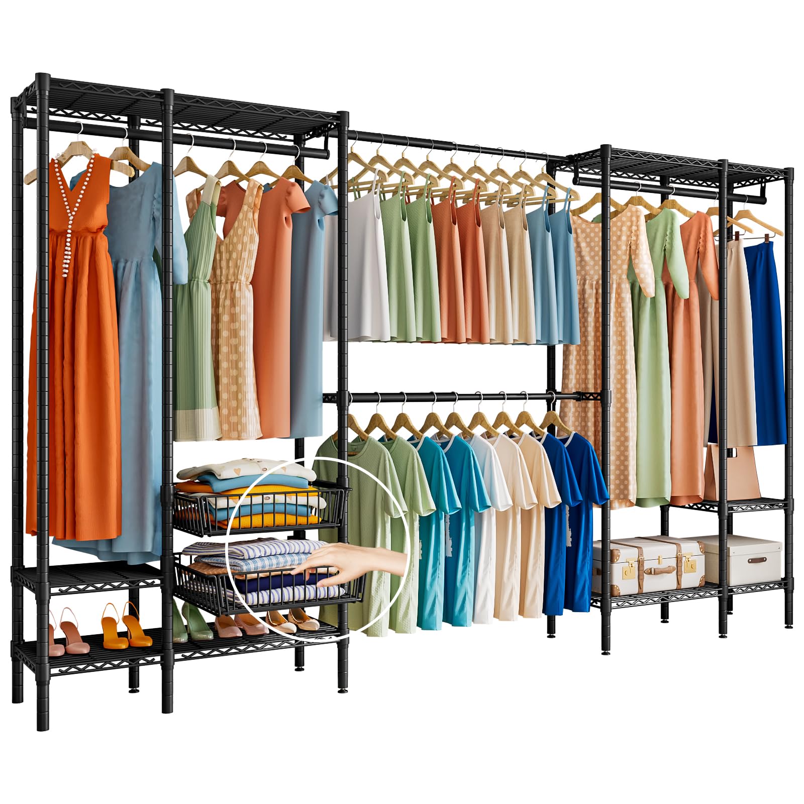 Untyo Clothing Rack with 2 Sliding Storage Baskets, Retractable Clothes ...