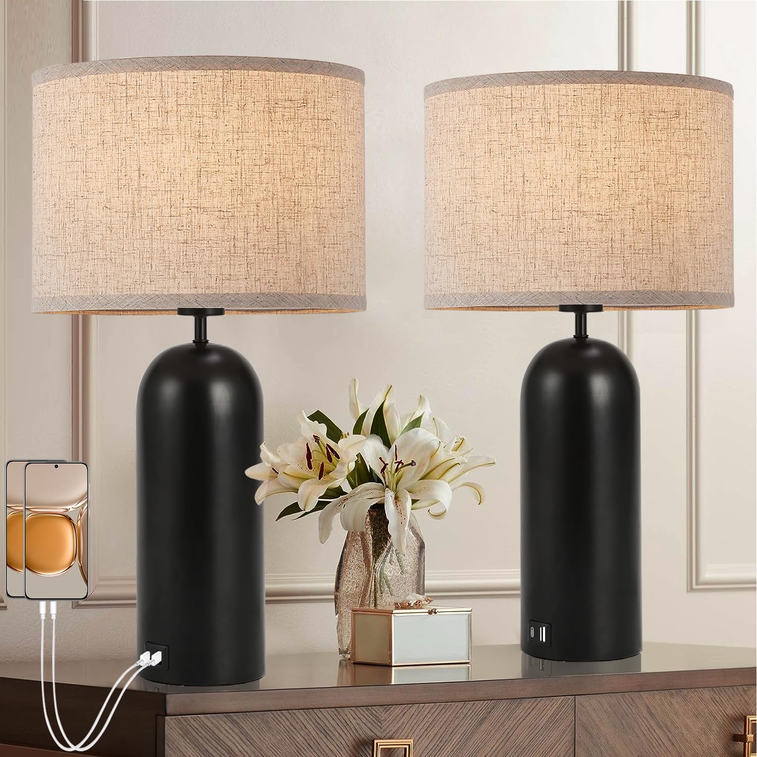 PoKat 26'' Ceramic Table Lamp for Living Room, Dark Grey Lamps for ...