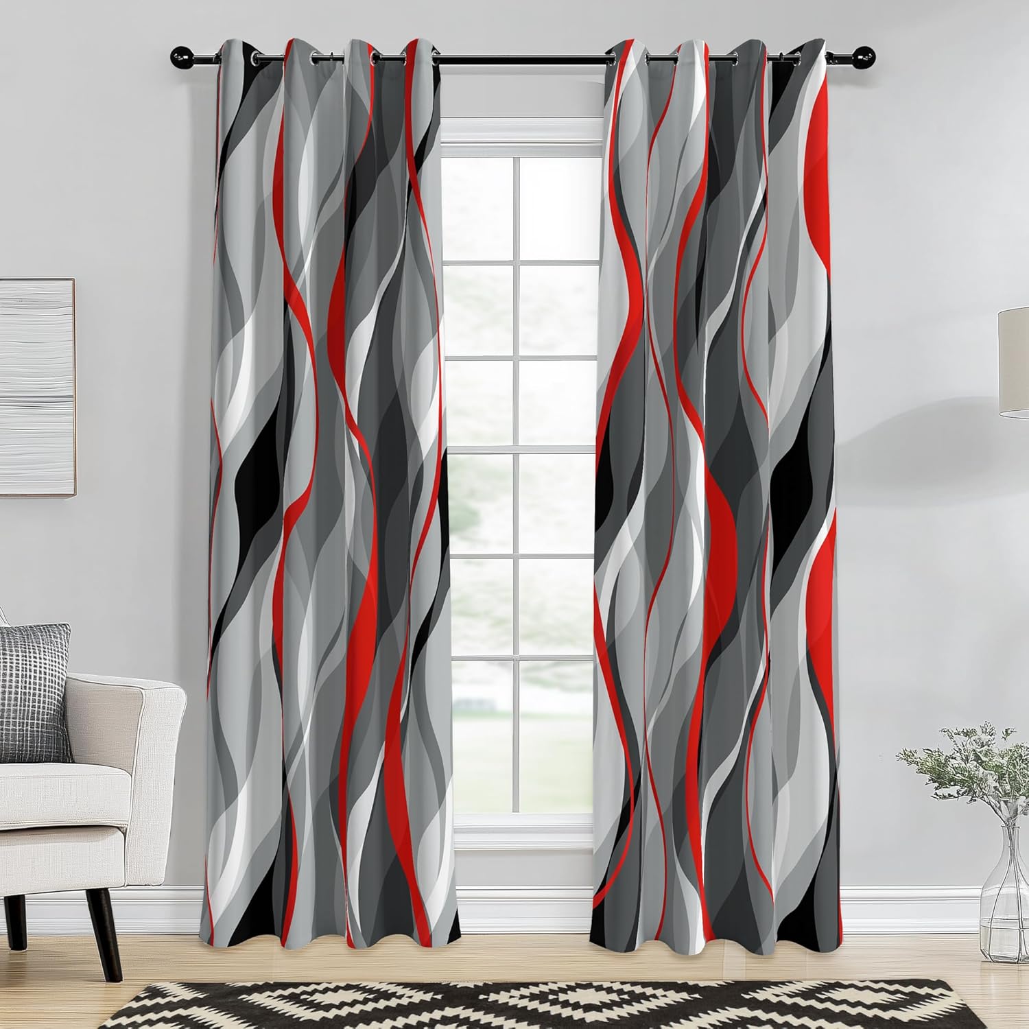 Amazon.com: weesire Red and Grey Curtains Modern Striped Decorative 50% ...