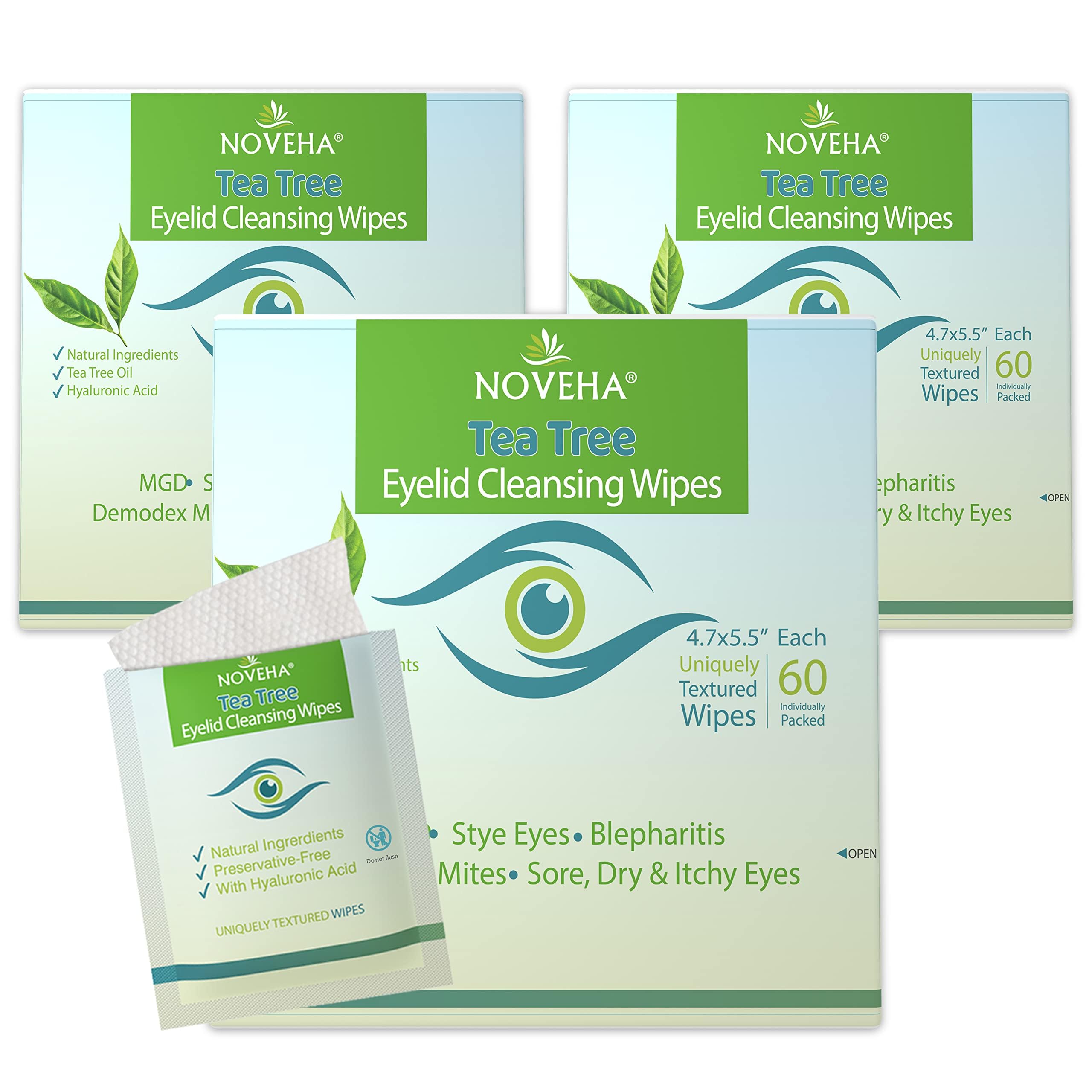 NOVEHA Tea Tree Oil Eyelid & Lash Wipes With Hyaluronic Acid, Green Tea ...