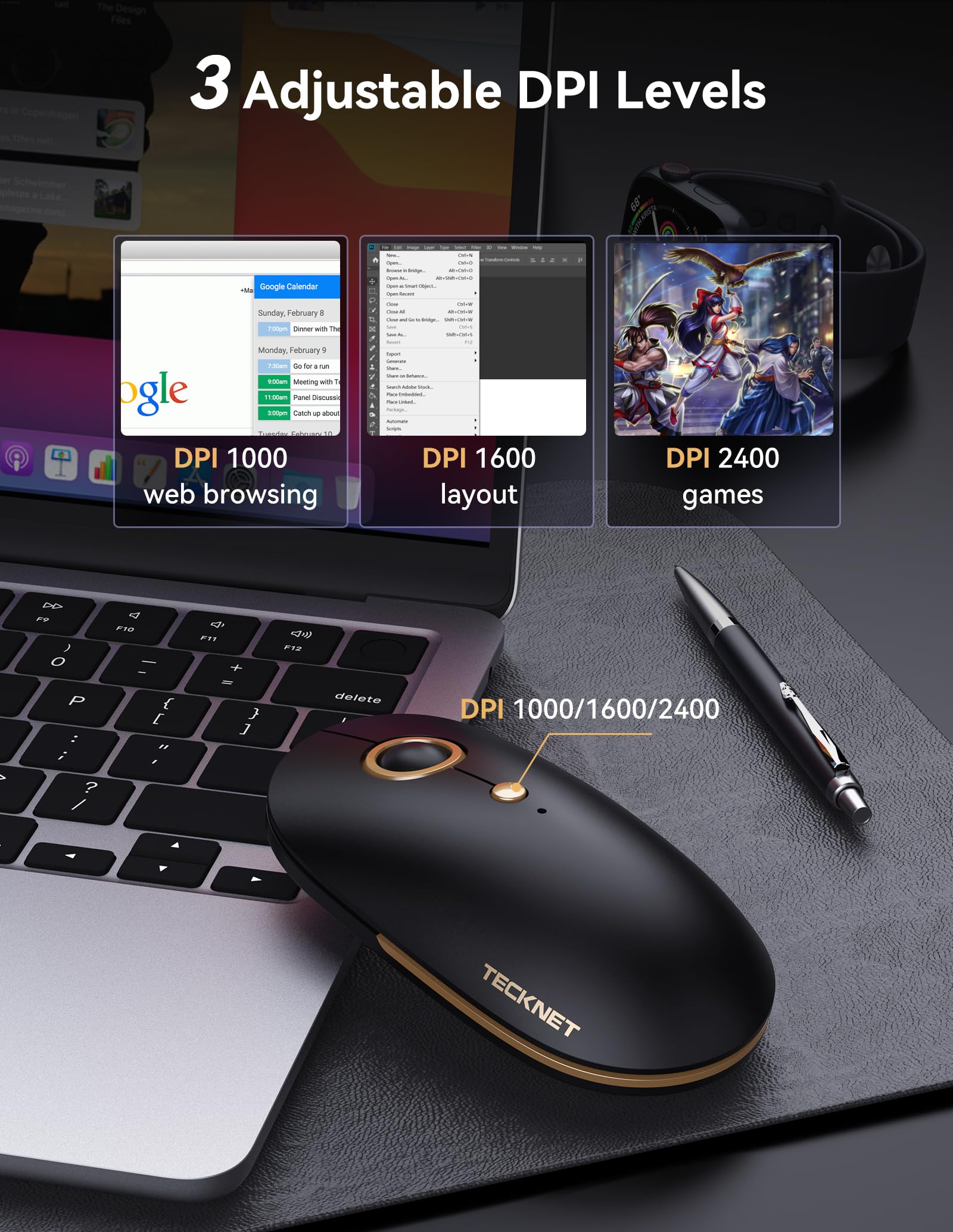 Snapklik.com : TECKNET Wireless Bluetooth Mouse, 3 Mode(Dual Bluetooth+ ...