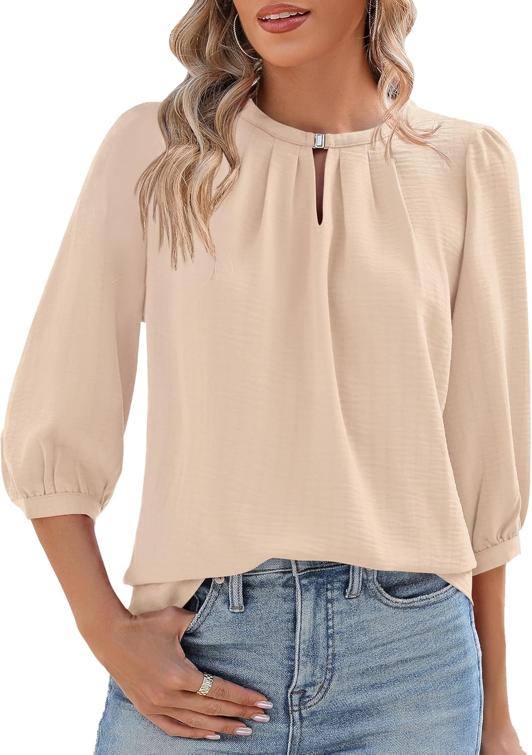 Rapbin Keyhole V Neck Puff 3/4 Length Sleeve Womens Tops Dressy Casual ...