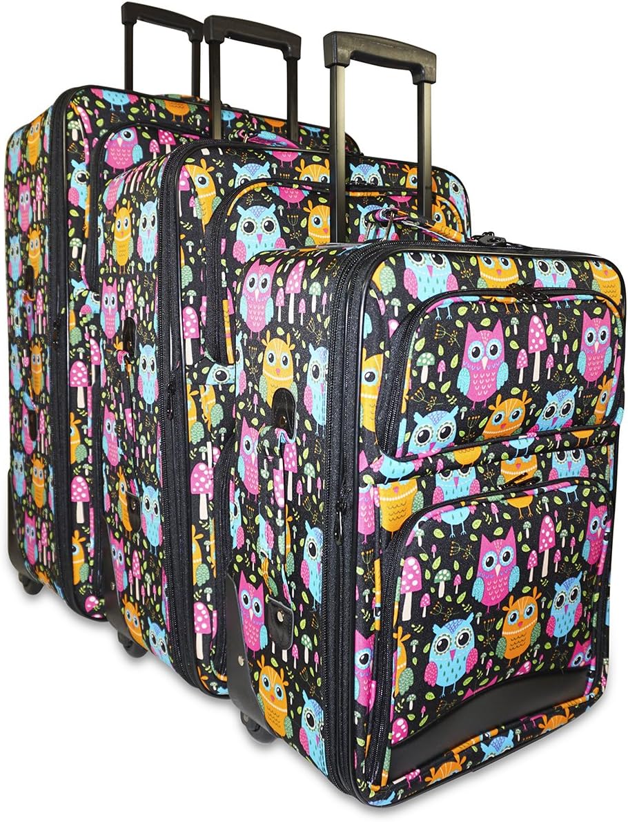 Ever Moda Multi Color Owl 3 Piece Expandable Luggage Set : Amazon.ca ...