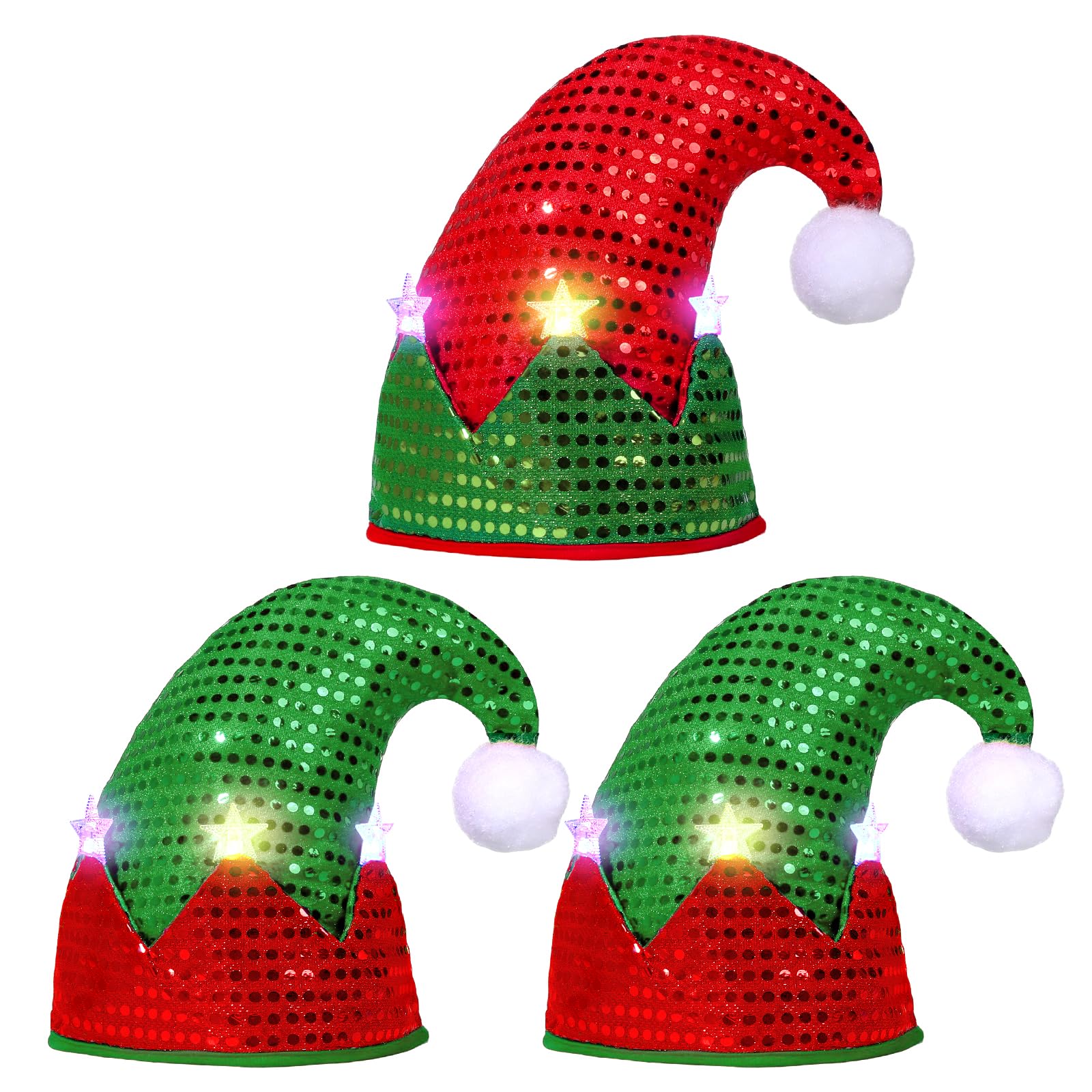 Amazon.com: LUUFILx 3 Pcs Elf Hat with Stars LED Light Christmas Santa ...