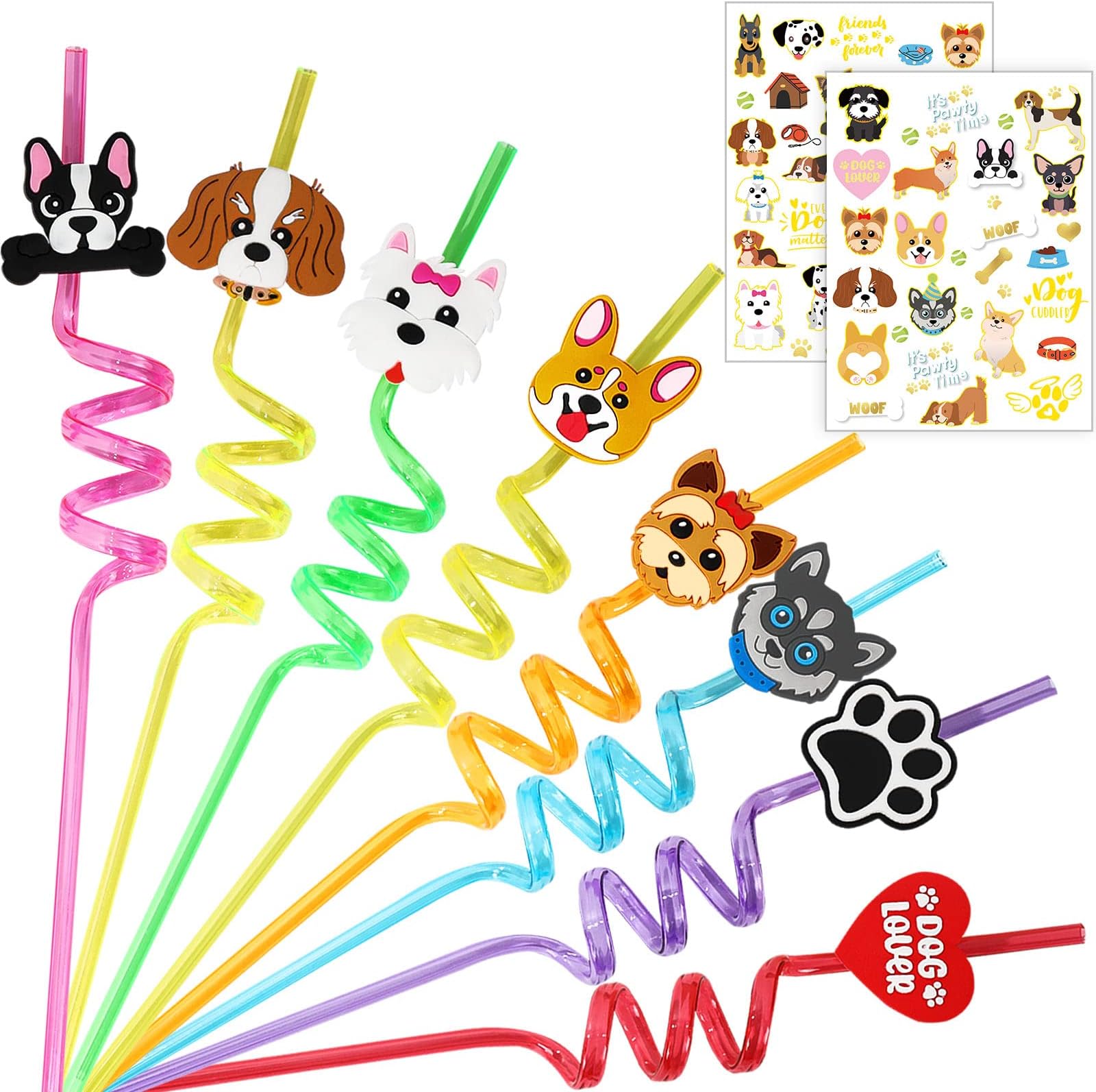 Amazon.com: Whaline 24Pcs Dog Theme Straws with Tattoo Patch and ...