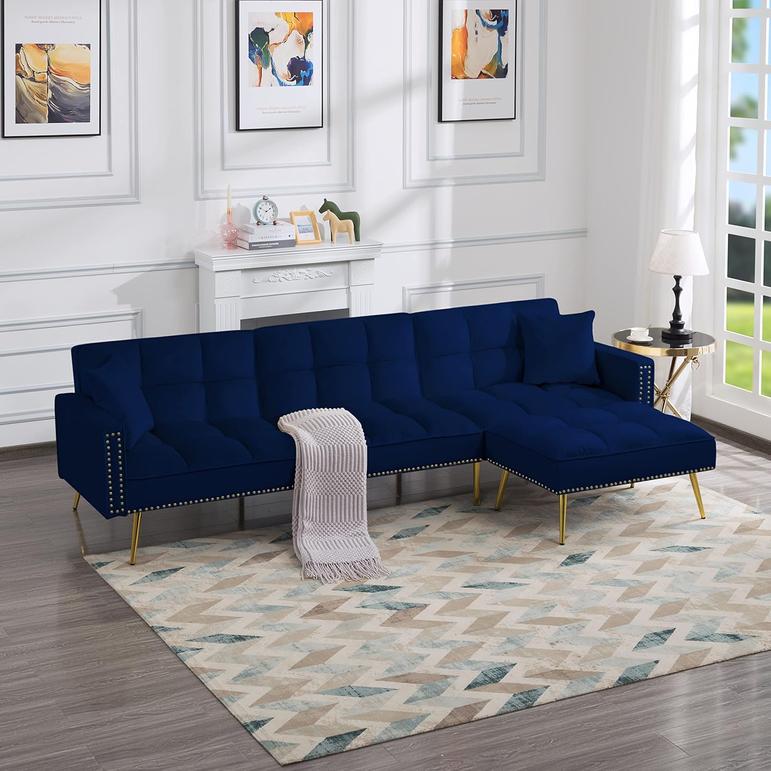Amazon.com: FANYE Navy L-Shaped Futon Tufted Corner Sectional ...