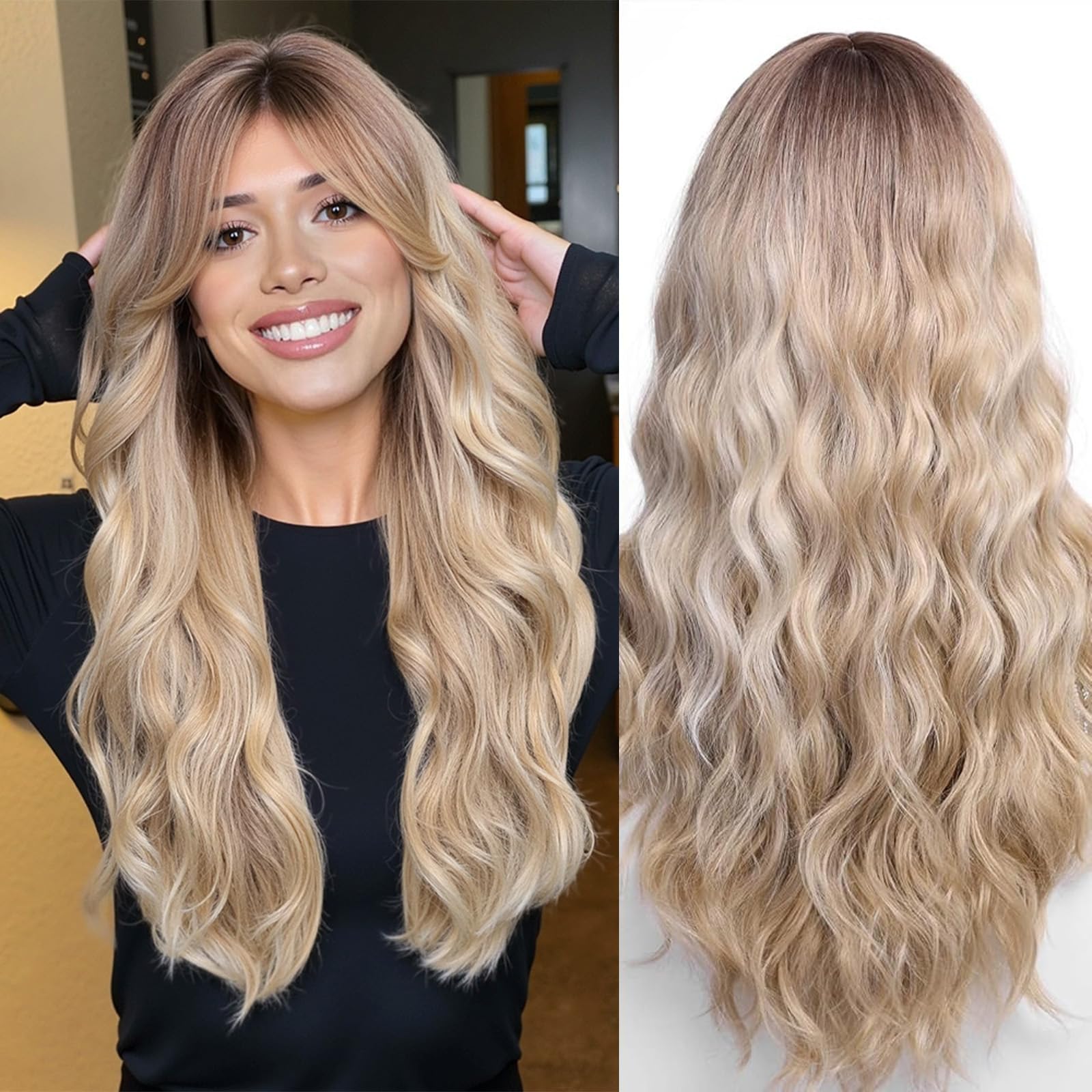 WOKESTAR Long Light Blonde Wigs for Women Synthetic Hair Wig with ...