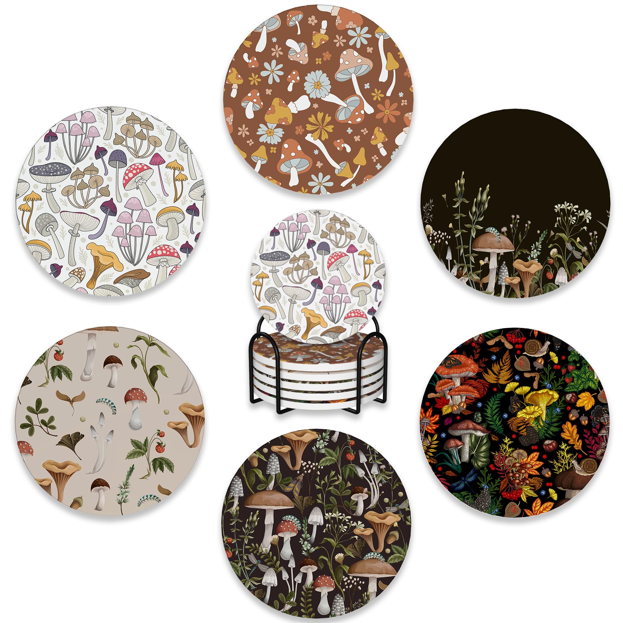 Amazon.com: 6 Pcs Coasters for Drinks with Holder,Retro Mushrooms ...
