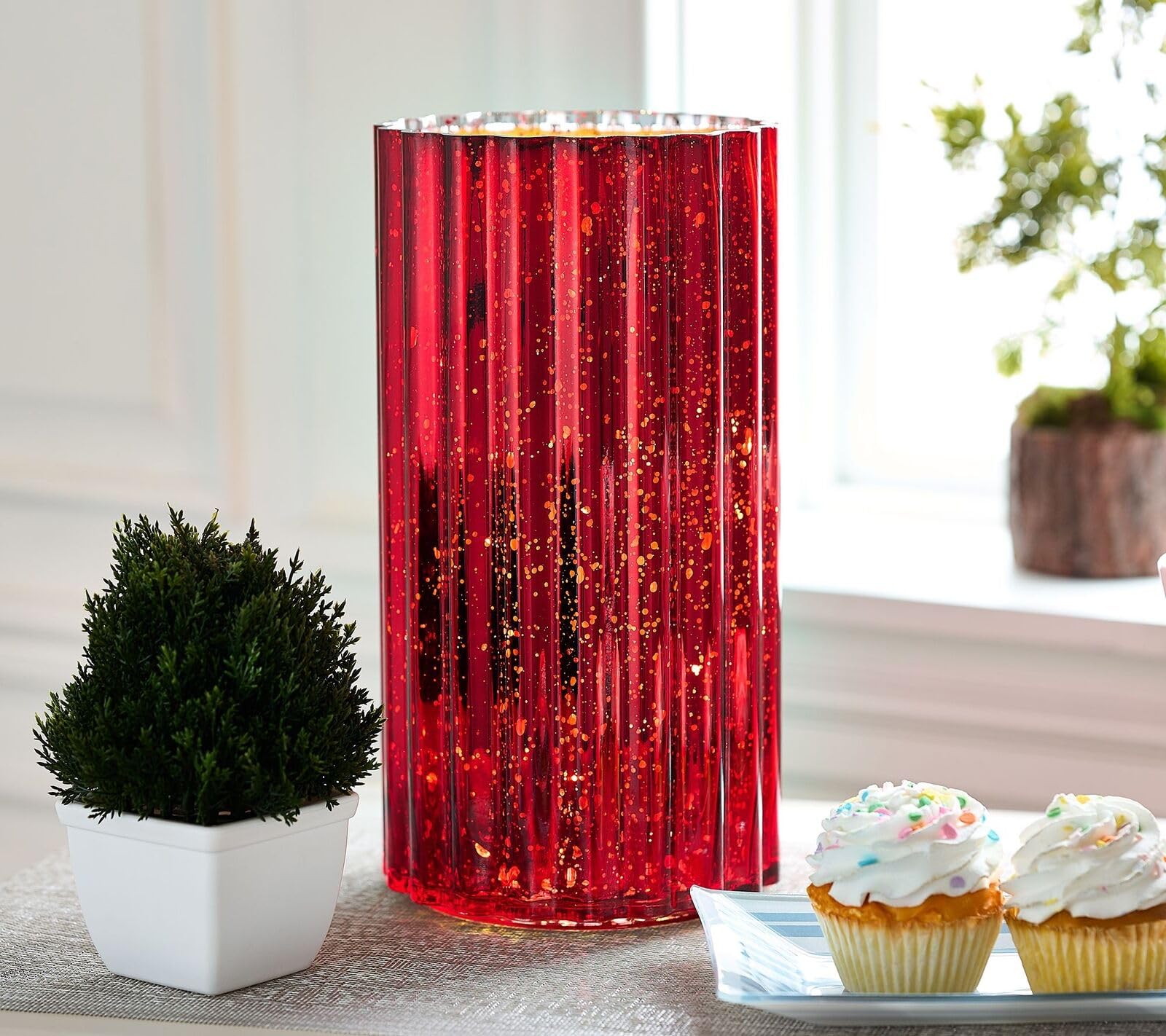 Amazon.com: 12"" Oversized Illuminated Fluted Mercury Glass Hurricane ...