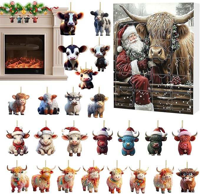 Calendrier de l'Avent Vache Highland Noël 24 Jours - Décorations Mignonnes 2D en Acrylique Vache ...