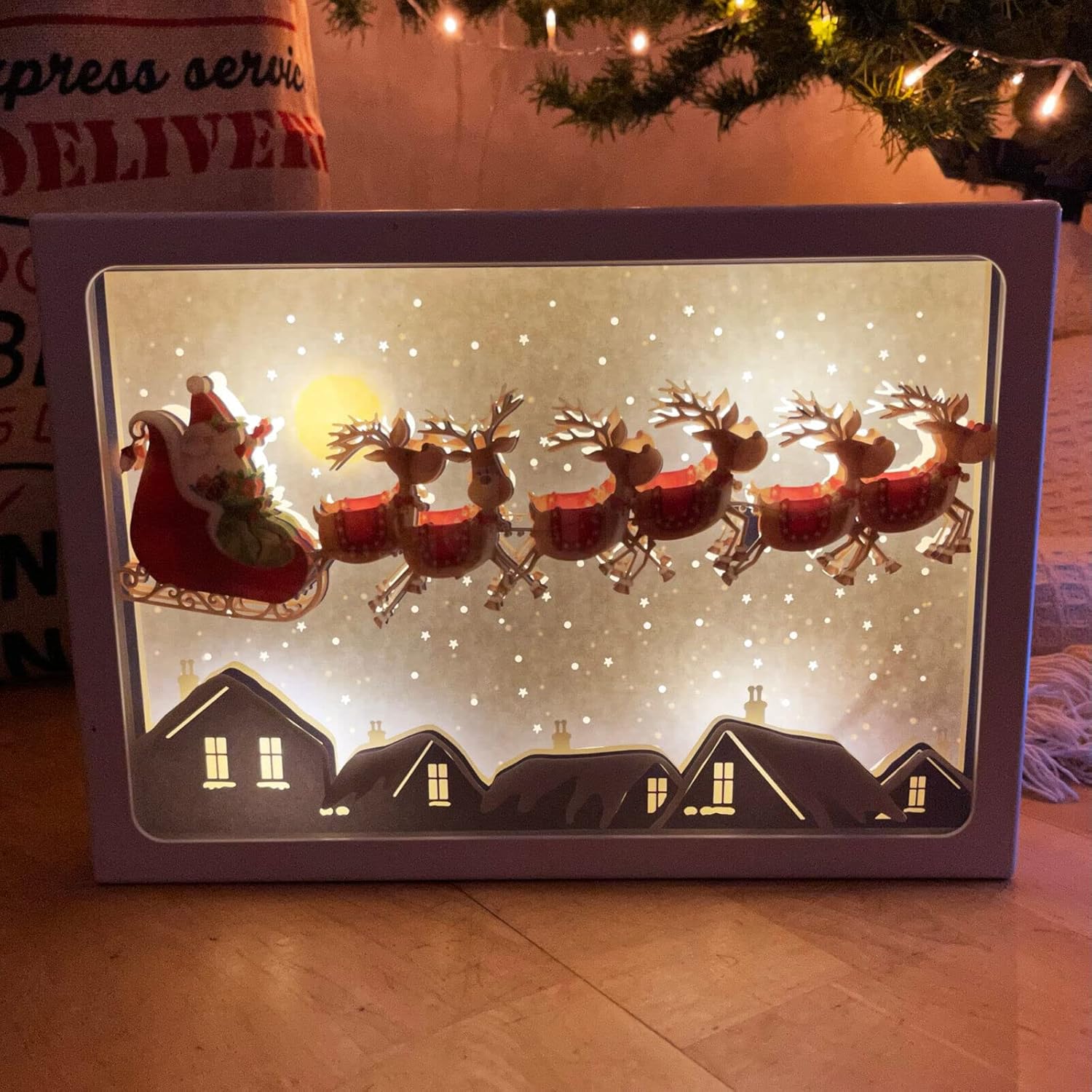 Santa Sleigh Rooftop LED Box Light Up Diorama Reindeers Christmas ...
