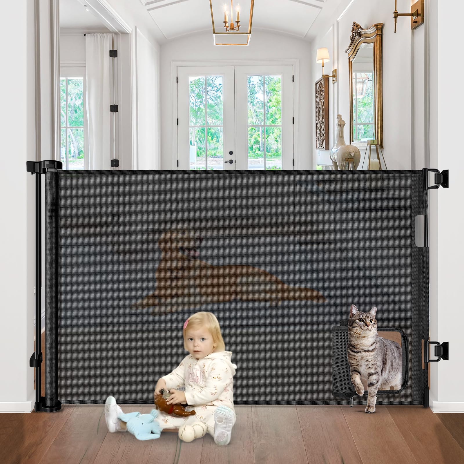 Amazon.com: Retractable Baby Gates with Cat Door 80" Wide Retractable ...