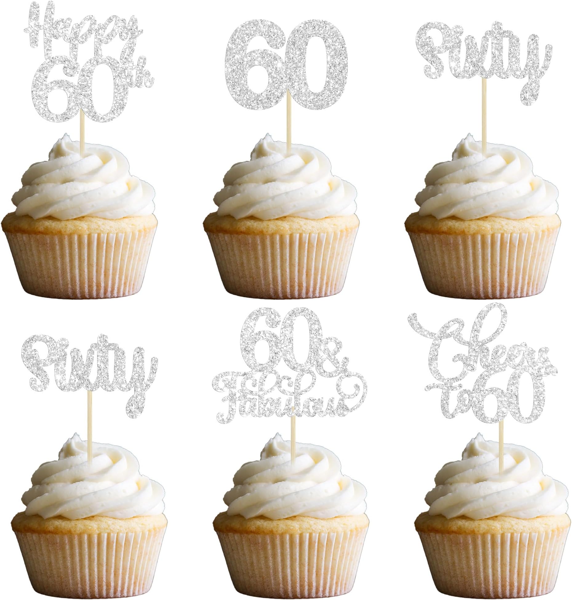 Amazon.com: 30 Pack Happy 60th Cupcake Toppers Glitter Number 60 Sixty ...
