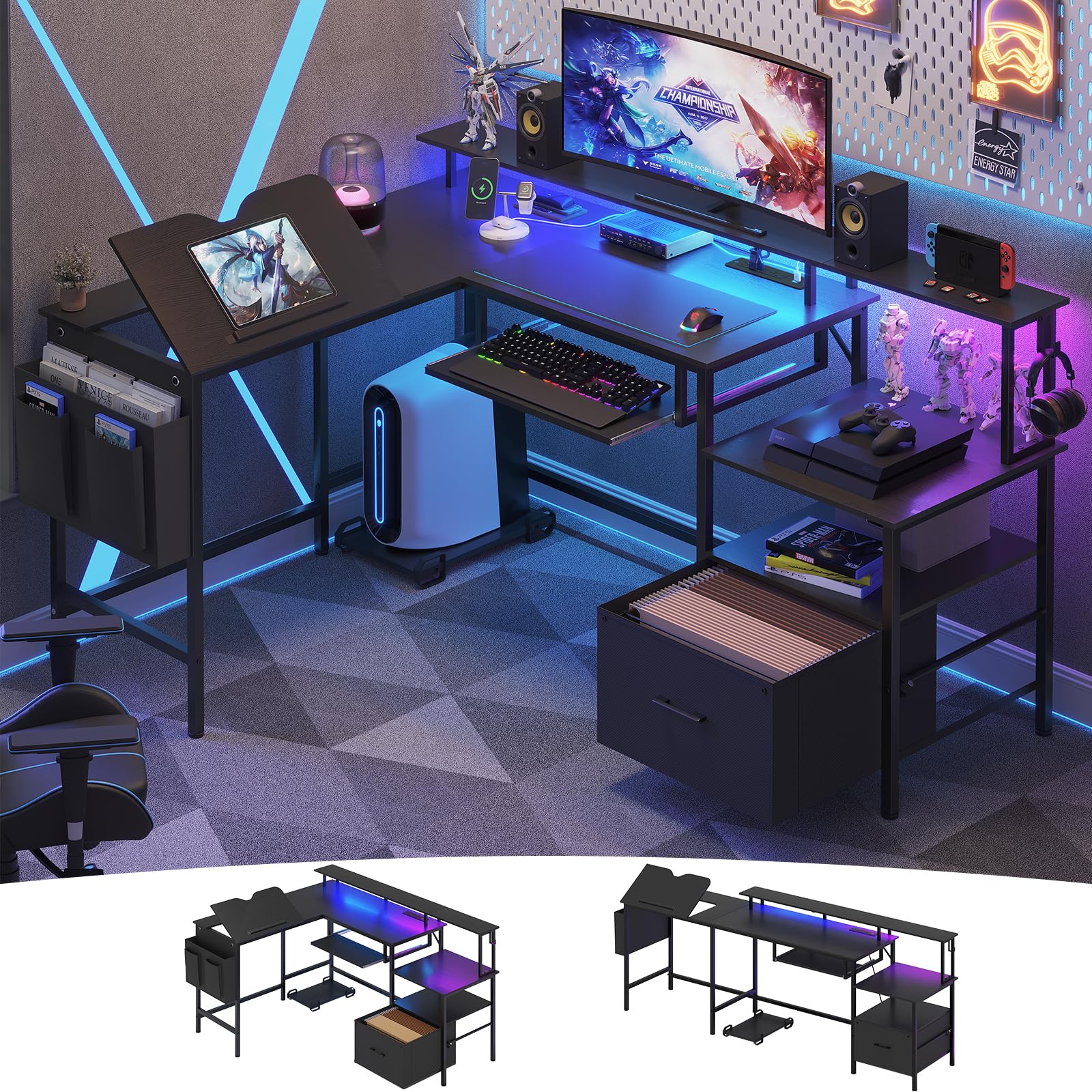 Amazon.com: UPOSOJA L Shaped Gaming Desk with Keyboard Tray, Adjustable ...