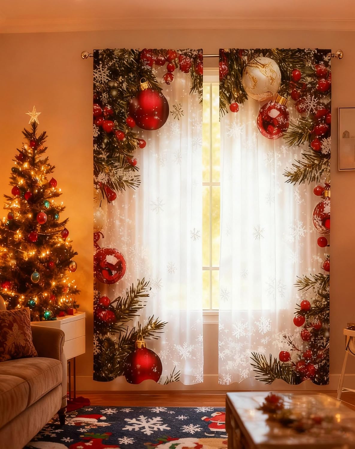 Amazon.com: Christmas Ball Holiday Printed Curtains, Printed Red Print ...