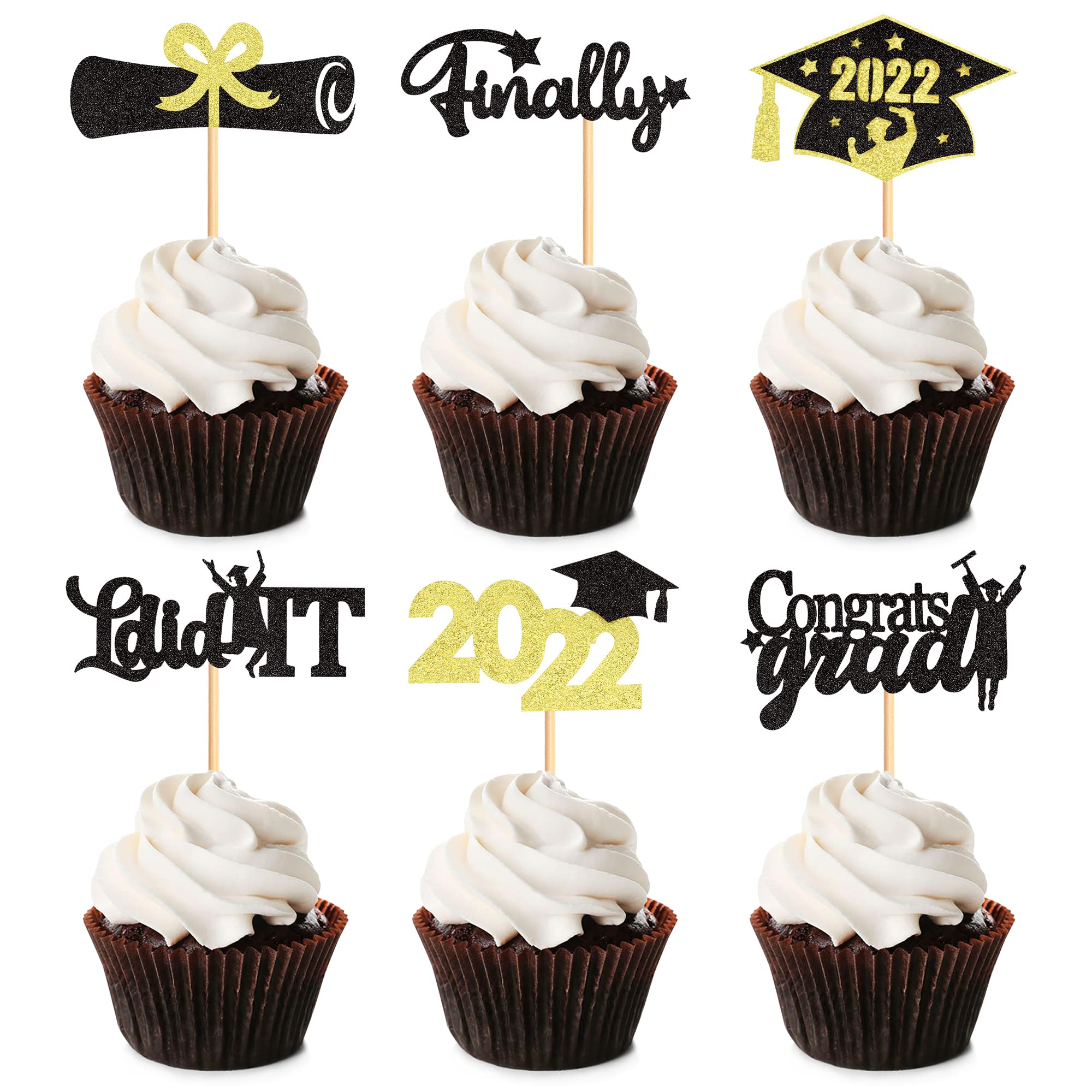Buy Blumomon 24Pcs 2022 Graduation Theme Cupcake Toppers Gold Glitter ...