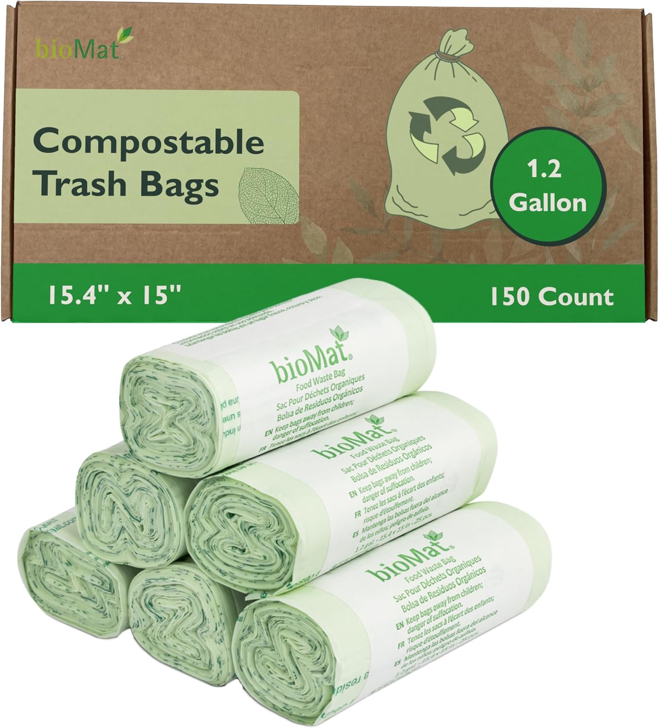 Amazon.com: bioMat 1.2 Gallon Compostable Bags, 150 Count, Countertop ...