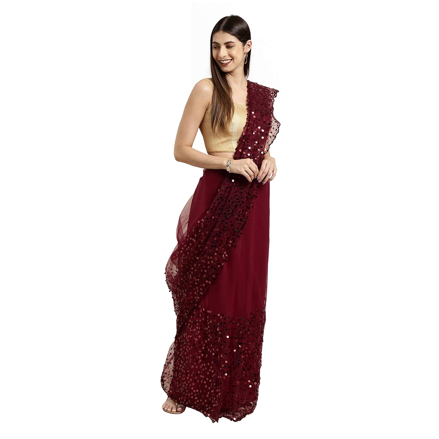 Buy Womanista Women's net Saree (TI1326_Burgundy) at Amazon.in