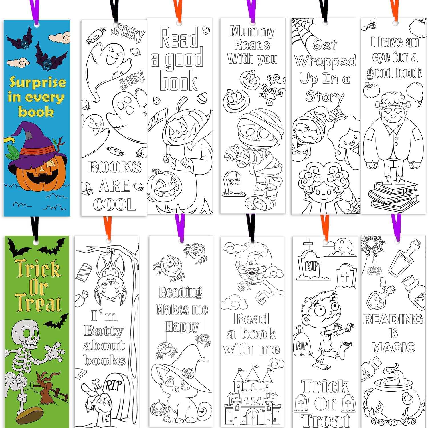 Amazon.com: DIYASY 72 Pcs Halloween Bookmarks, Color Your Own Pumpkin ...