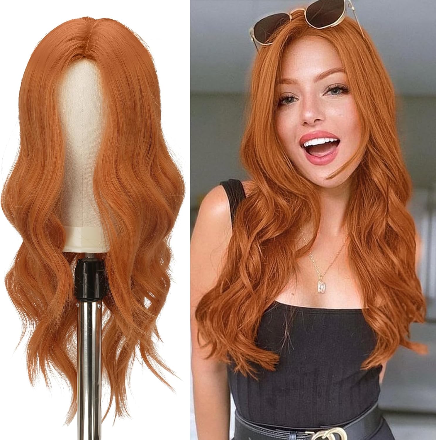 FESHFEN Orange Wigs for Women 22 inch Orange Long Body Wavy Full Wig ...
